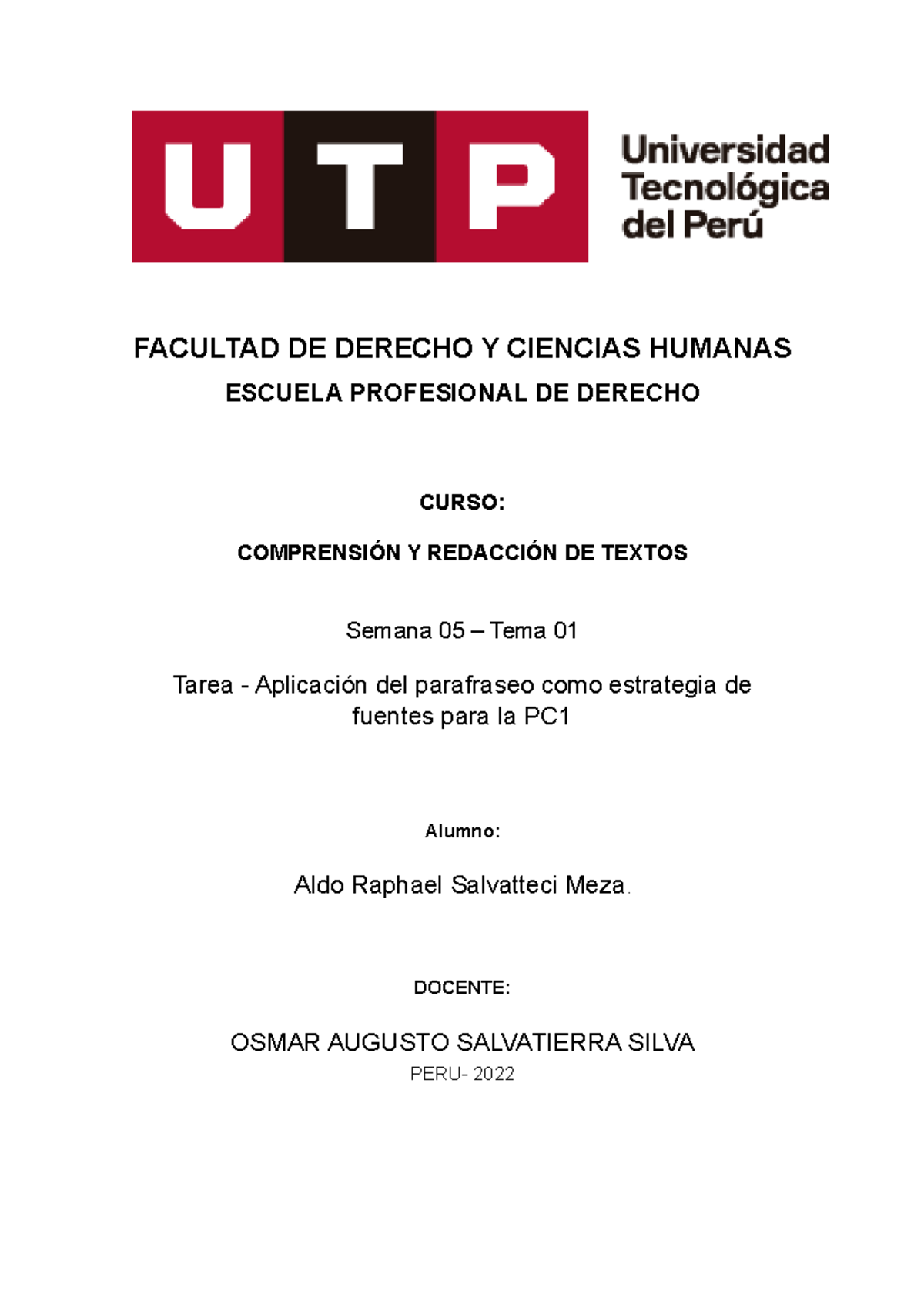 COMP Y Redacc Texos - S05-T01 - FACULTAD DE DERECHO Y CIENCIAS HUMANAS ESCUELA PROFESIONAL DE ...