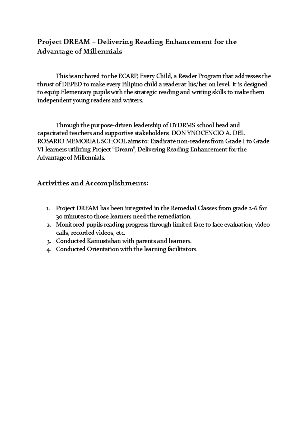 Project Dream - FOR RESEARCH PURPOSES - Project DREAM – Delivering ...