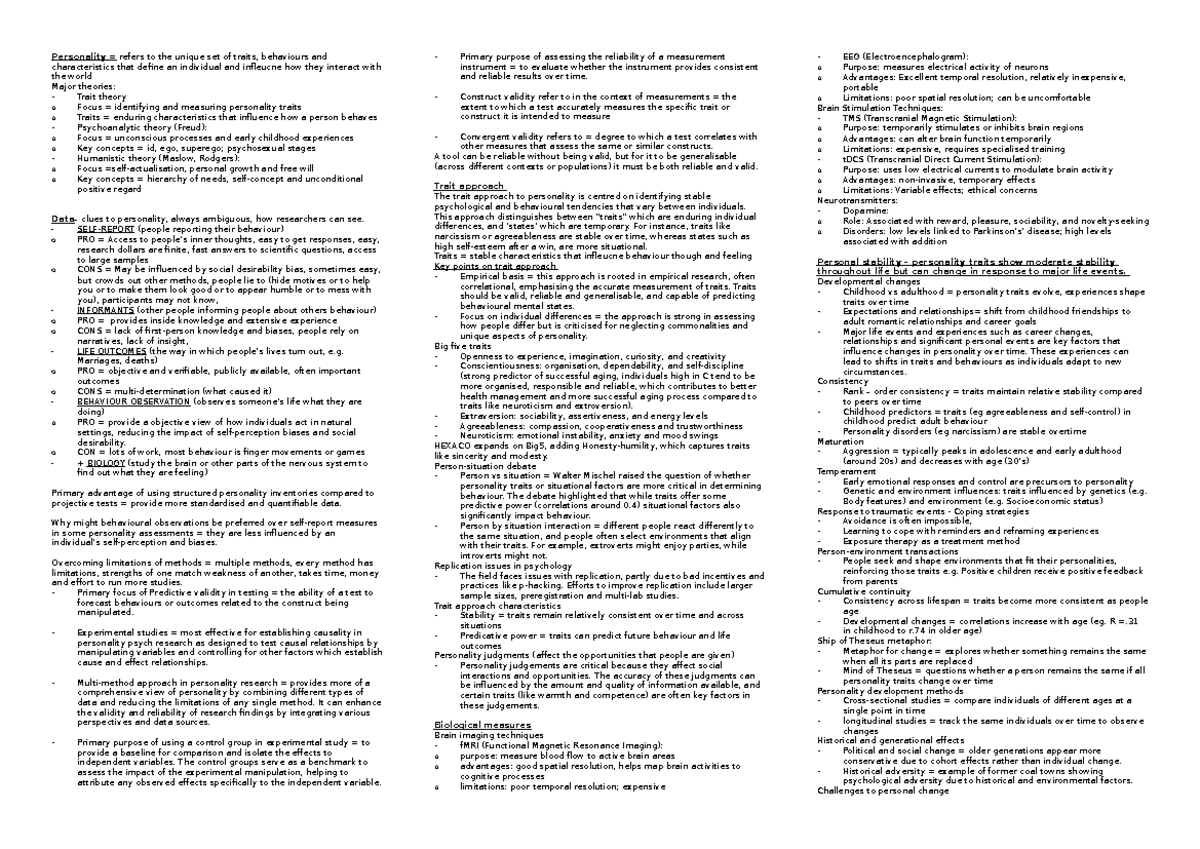 Personality cheat sheet - Personality = refers to the unique set of ...