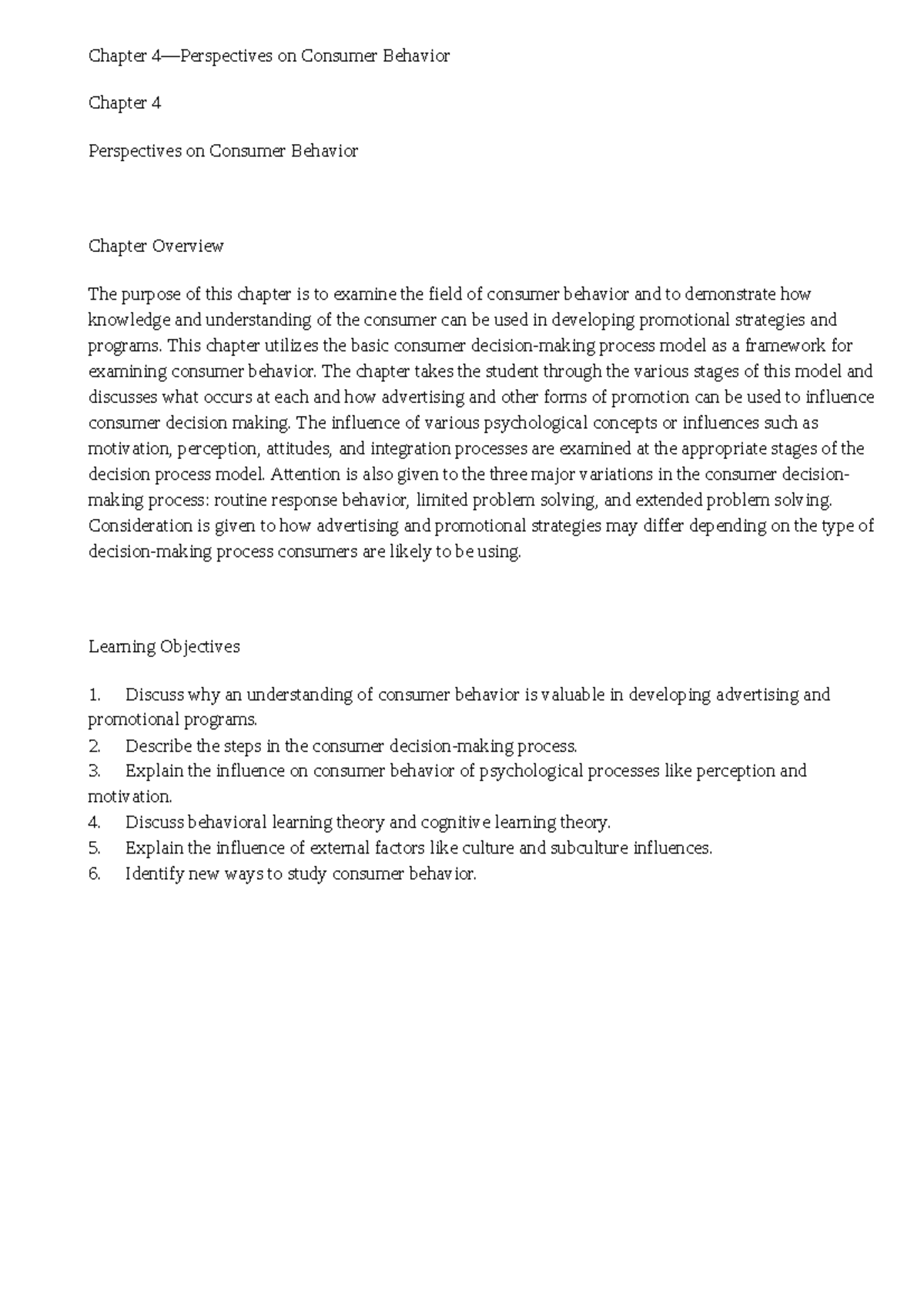 Belch 12e IM Ch04 - Chapter 4—Perspectives on Consumer Behavior Chapter 4 Perspectives on ...