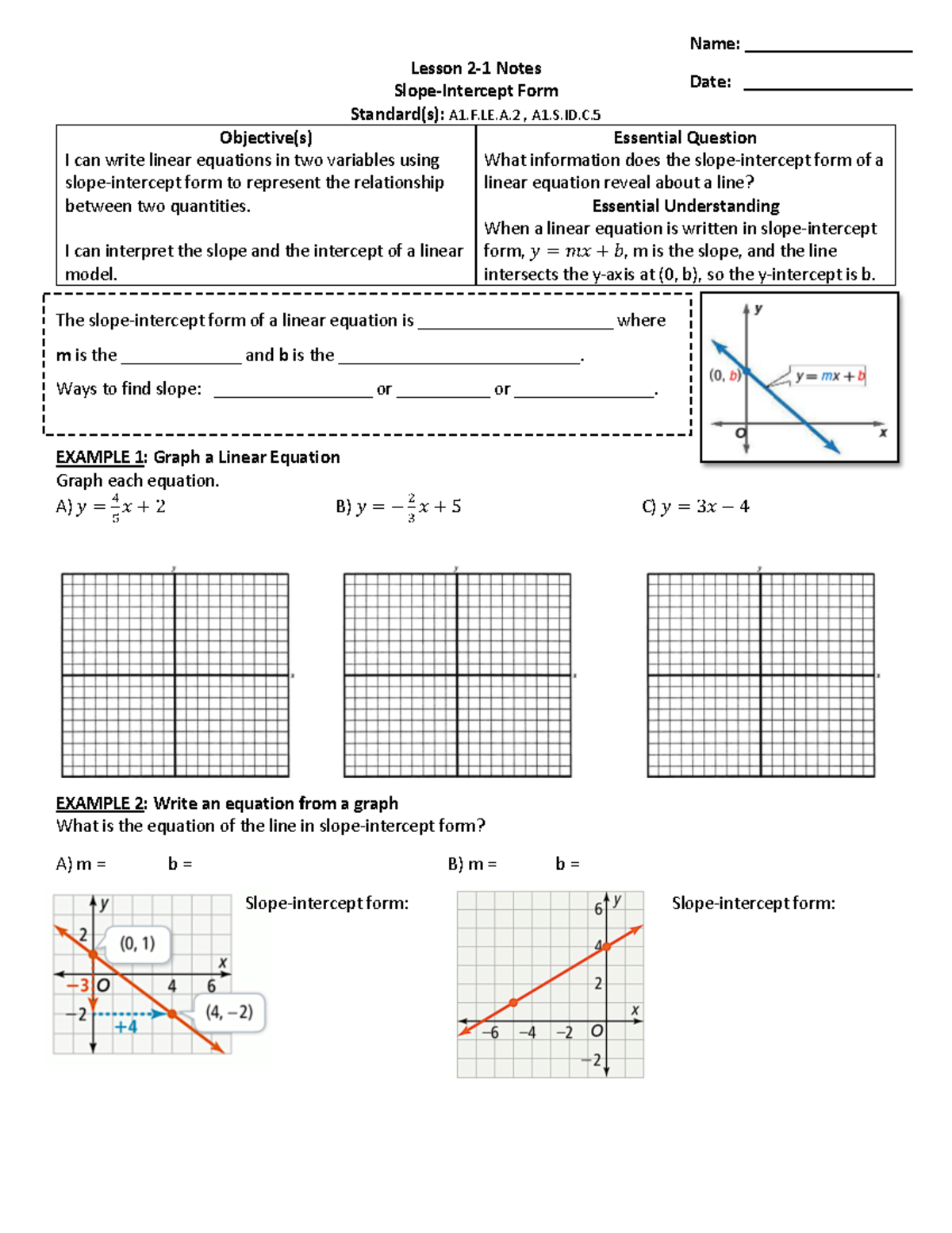 2-1 Notes blank - jjjjjjjjjjjj - Lesson 2 - 1 Notes Slope-Intercept ...