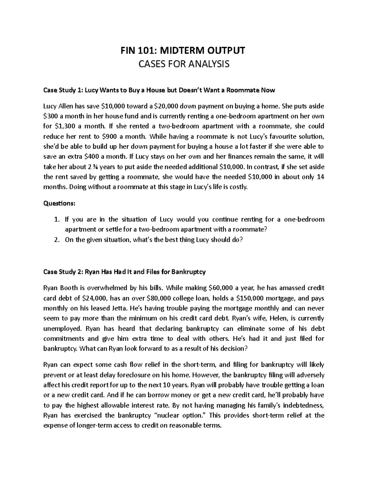 Fin101 Cases For Analysis Midterm Output Fin 101 Midterm Output Cases For Analysis Case