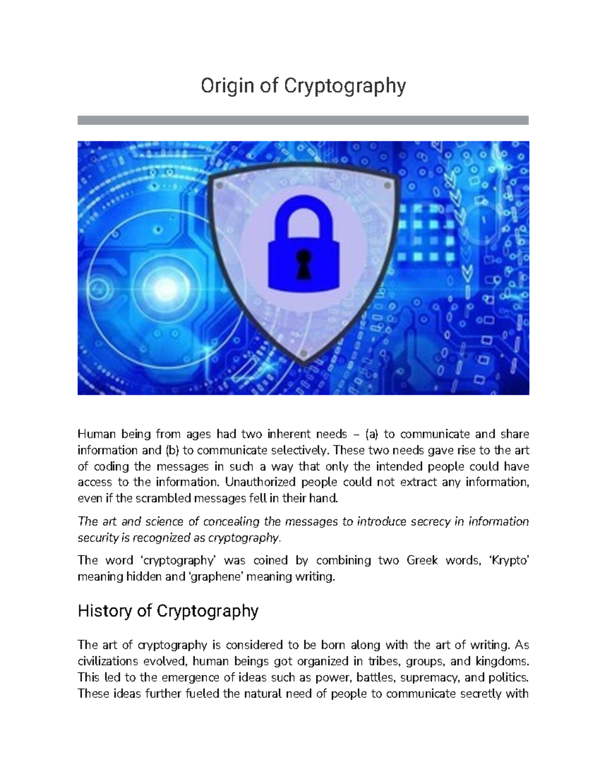 Basics of Cryptography - Origin of Cryptography More Deta il Human ...