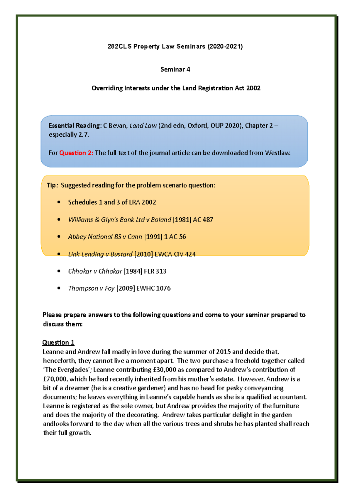 04 282CLS - Seminar 4 - Overriding Interests - 282CLS Property Law ...