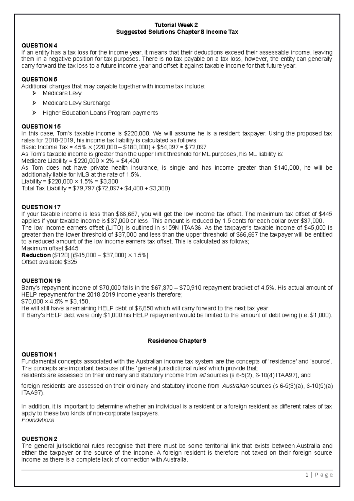 HI6028 Tutorial Solutions - Tutorial Week 2 Suggested Solutions Chapter 8 Income Tax QUESTION 4 ...