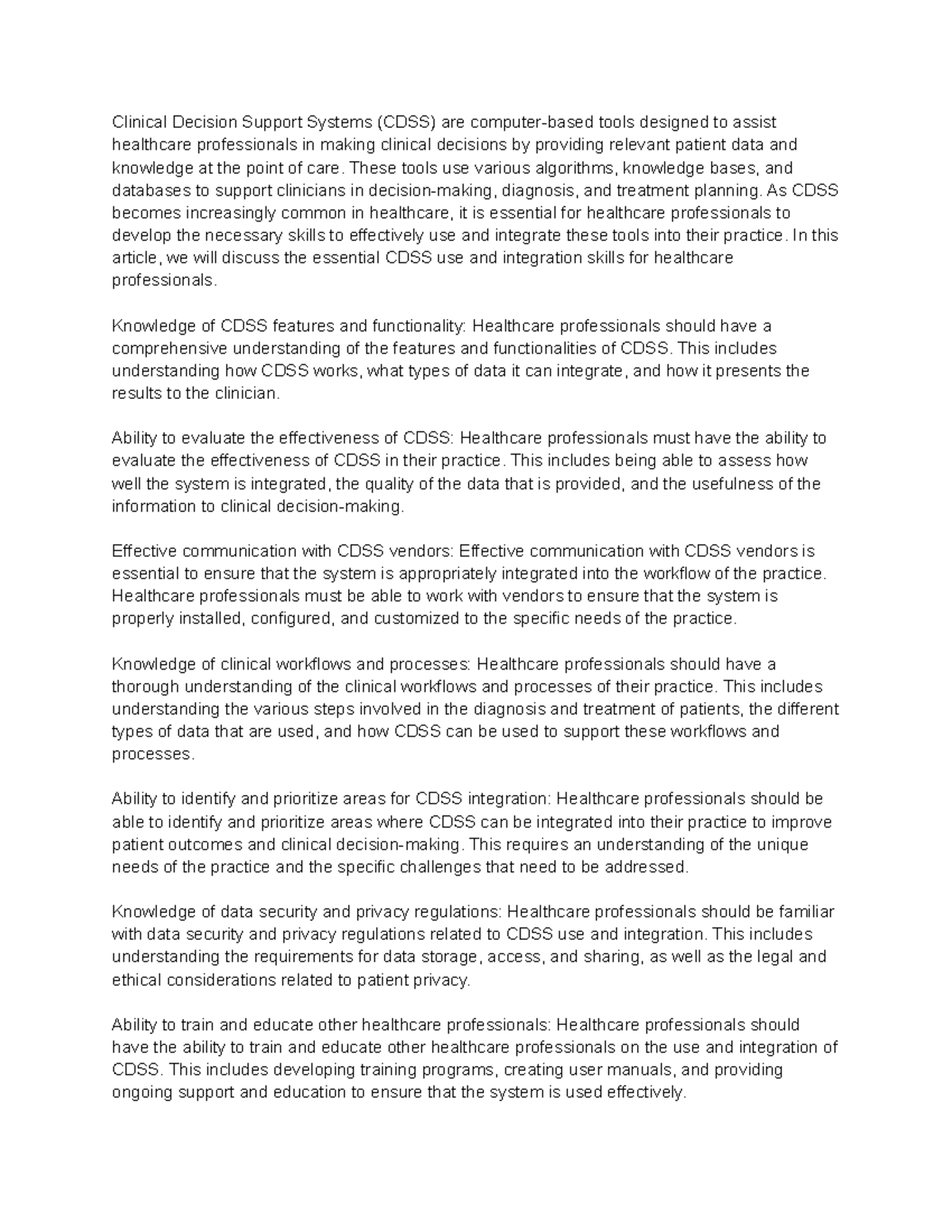 CDSS use and Integration Skills Notes - Clinical Decision Support ...