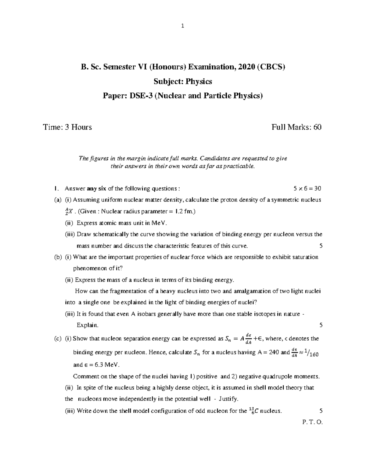 DSE-3 - Previous year questions - B. Sc. Semester VI (Honours ...