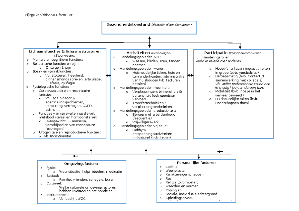 Sjabloon ICF-formulier met onderverdelingen en voorbeelden - Bijlage 2b ...