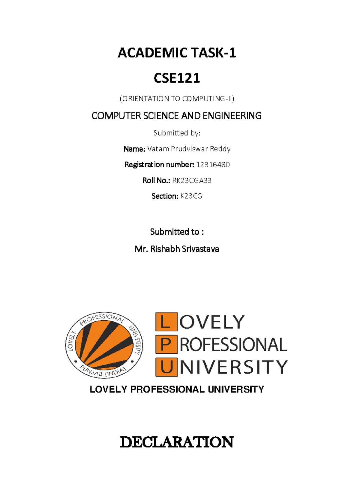 Ca 1 oreantation of computing - ACADEMIC TASK- 1 CSE (ORIENTATION TO COMPUTING-II) COMPUTER ...