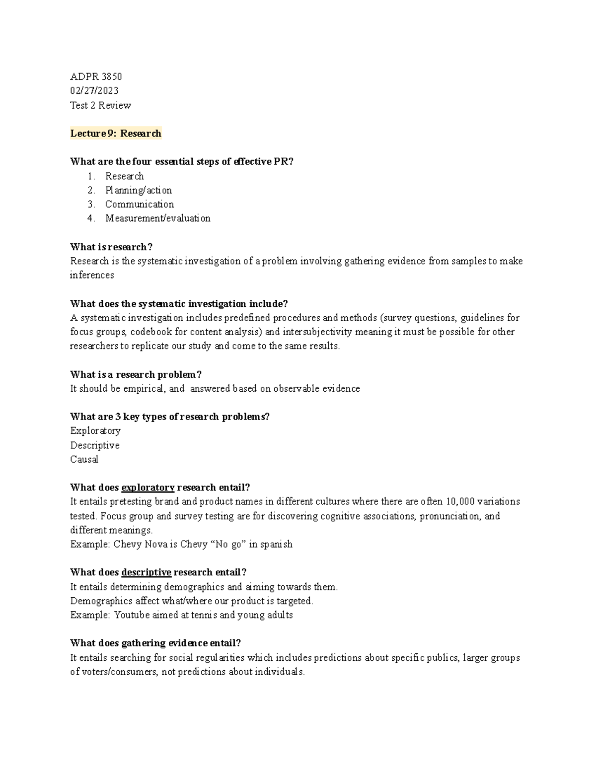 ADPR Test 2 Review - NOTES - ADPR 3850 02/27/ Test 2 Review Lecture 9 ...
