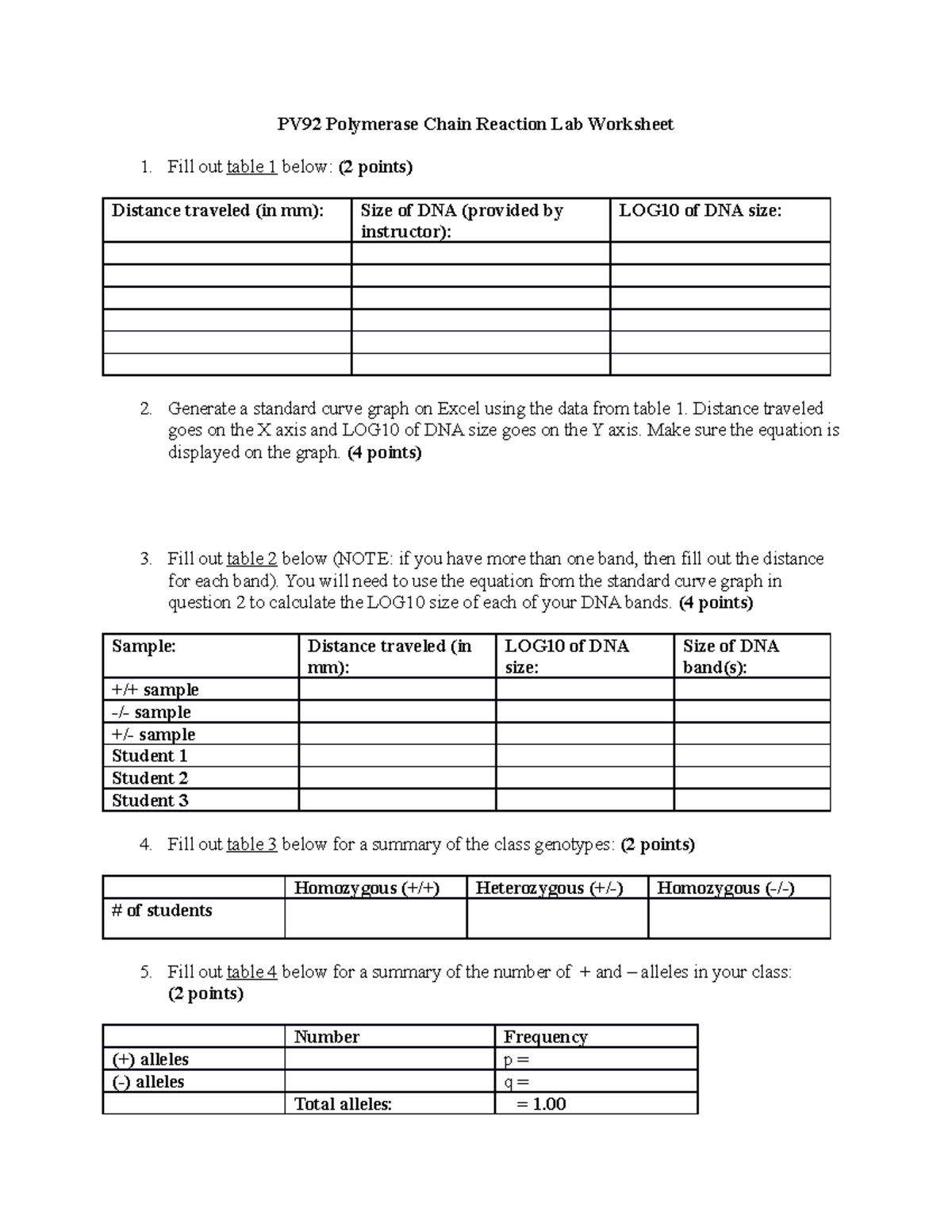PV92 PCR lab worksheet - Lab answers for Dr. Bashiri - PV92 Polymerase ...