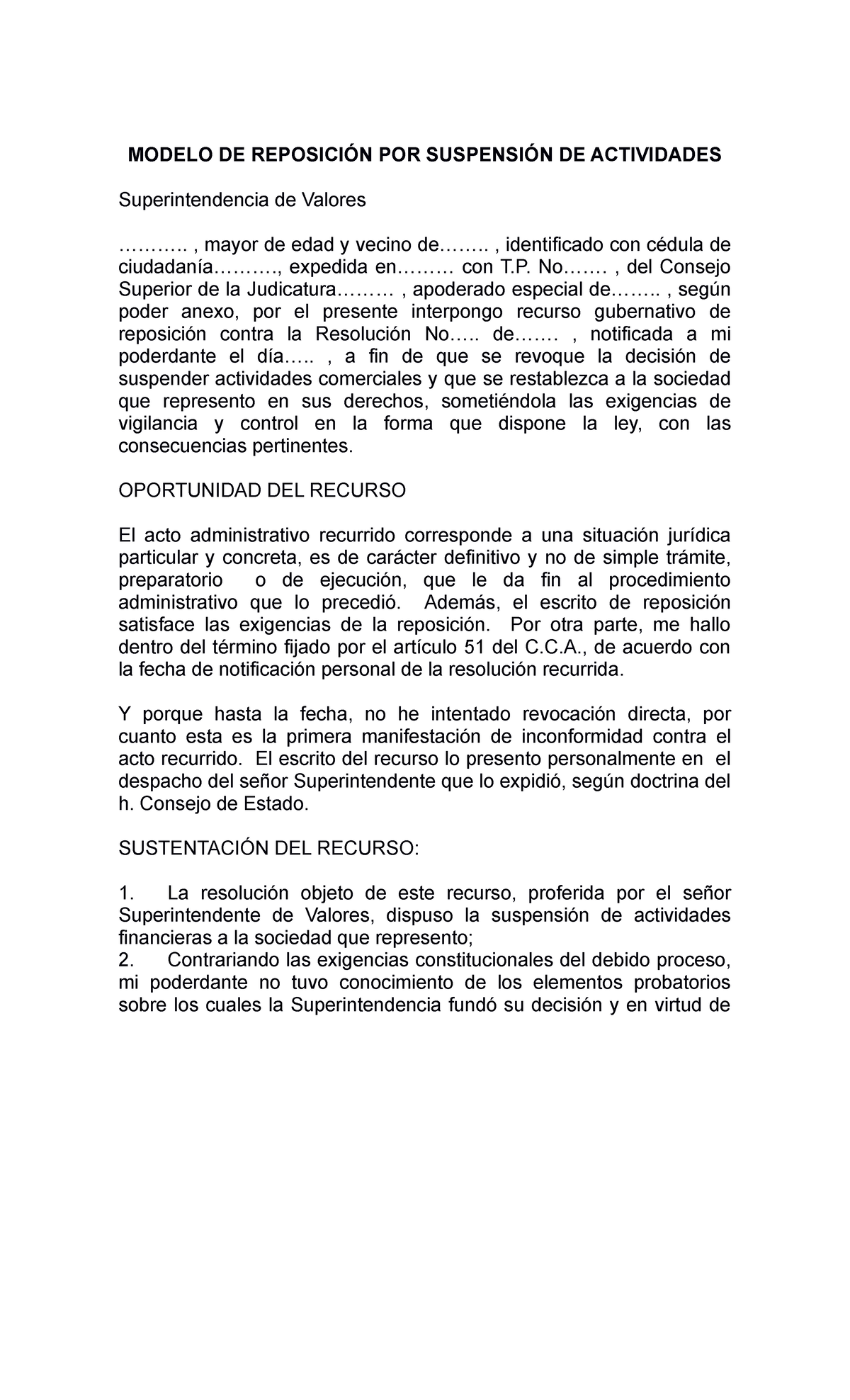 Modelo DE Reposición POR Suspensión DE Actividades - MODELO DE ...