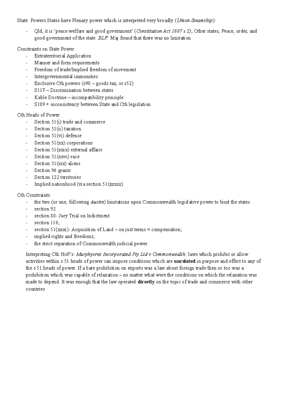 Final Exam Notes - State: Powers States have Plenary power which is ...