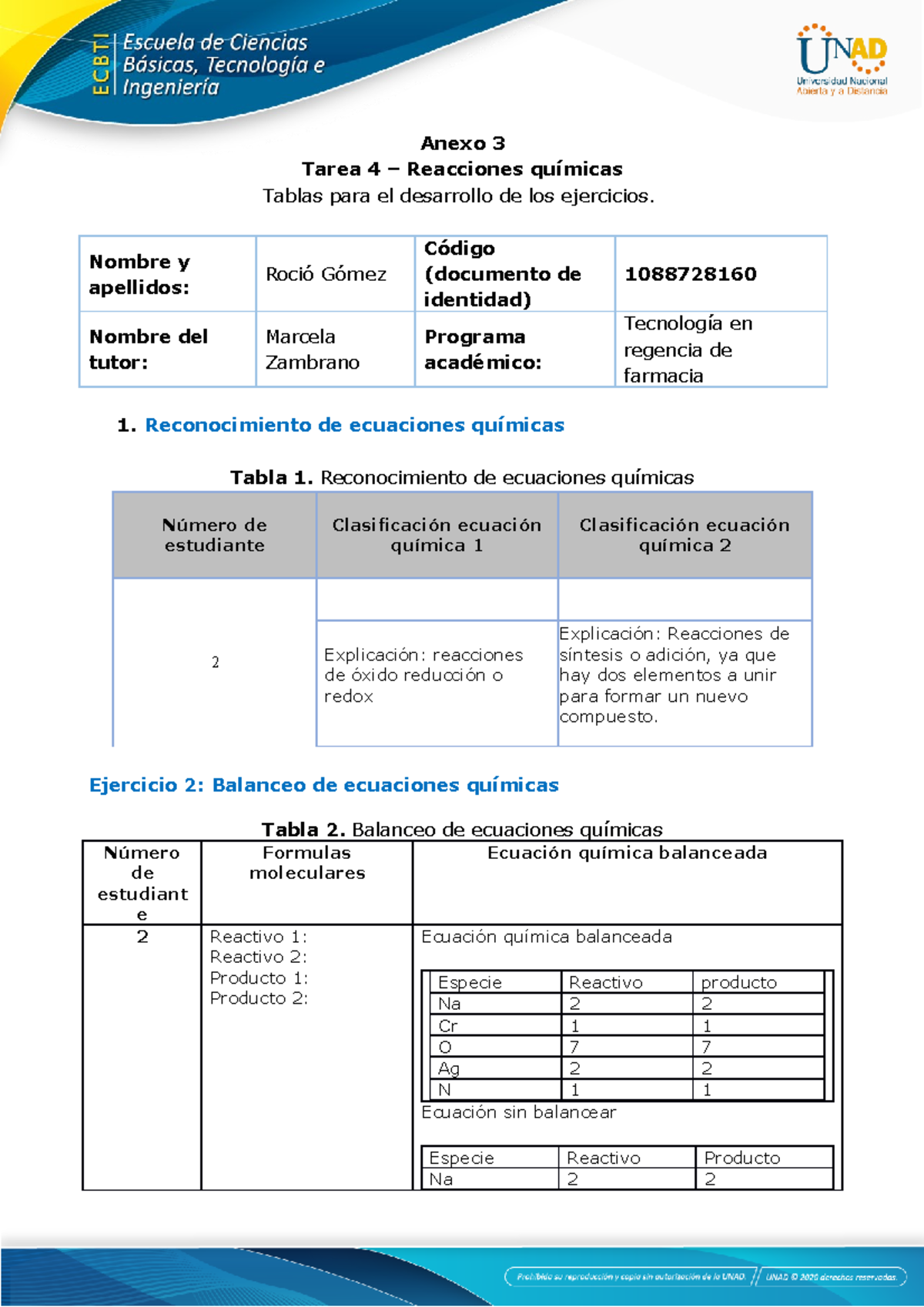 Anexo 3 quimica entregar - Anexo 3 Tarea 4 – Reacciones químicas Tablas para el desarrollo de ...