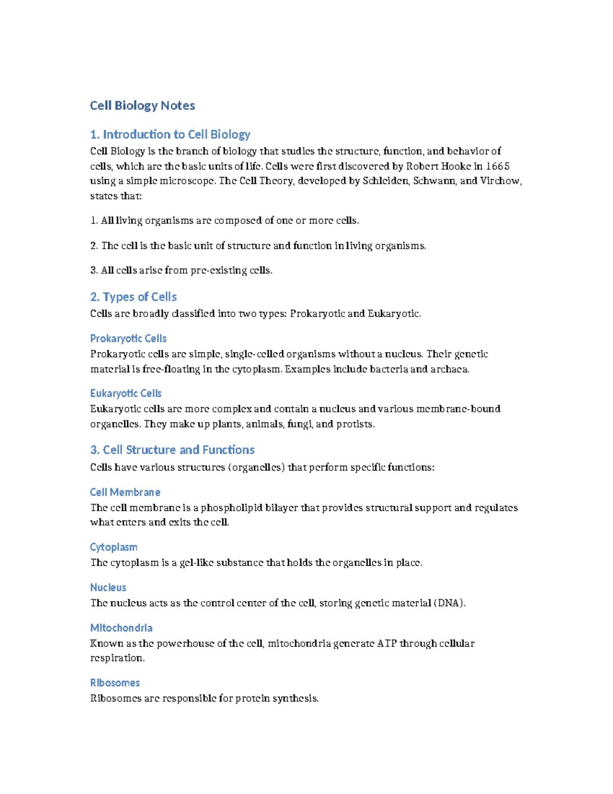 Cell Biology Notes - Introduction to Cell Biology Cell Biology is the ...