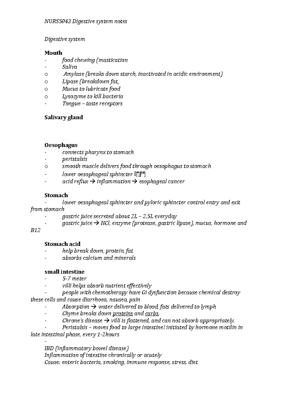 Digestive system - NURS5043 - NURS5043 Digestive system notes Digestive ...