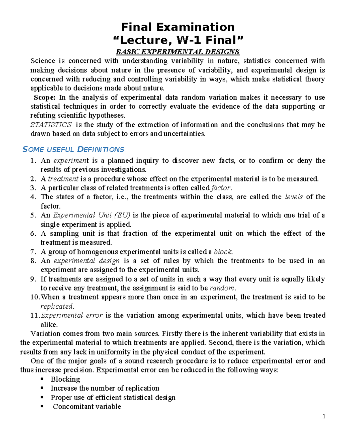 Completely Randomized Design - Final Examination “Lecture, W-1 Final ...