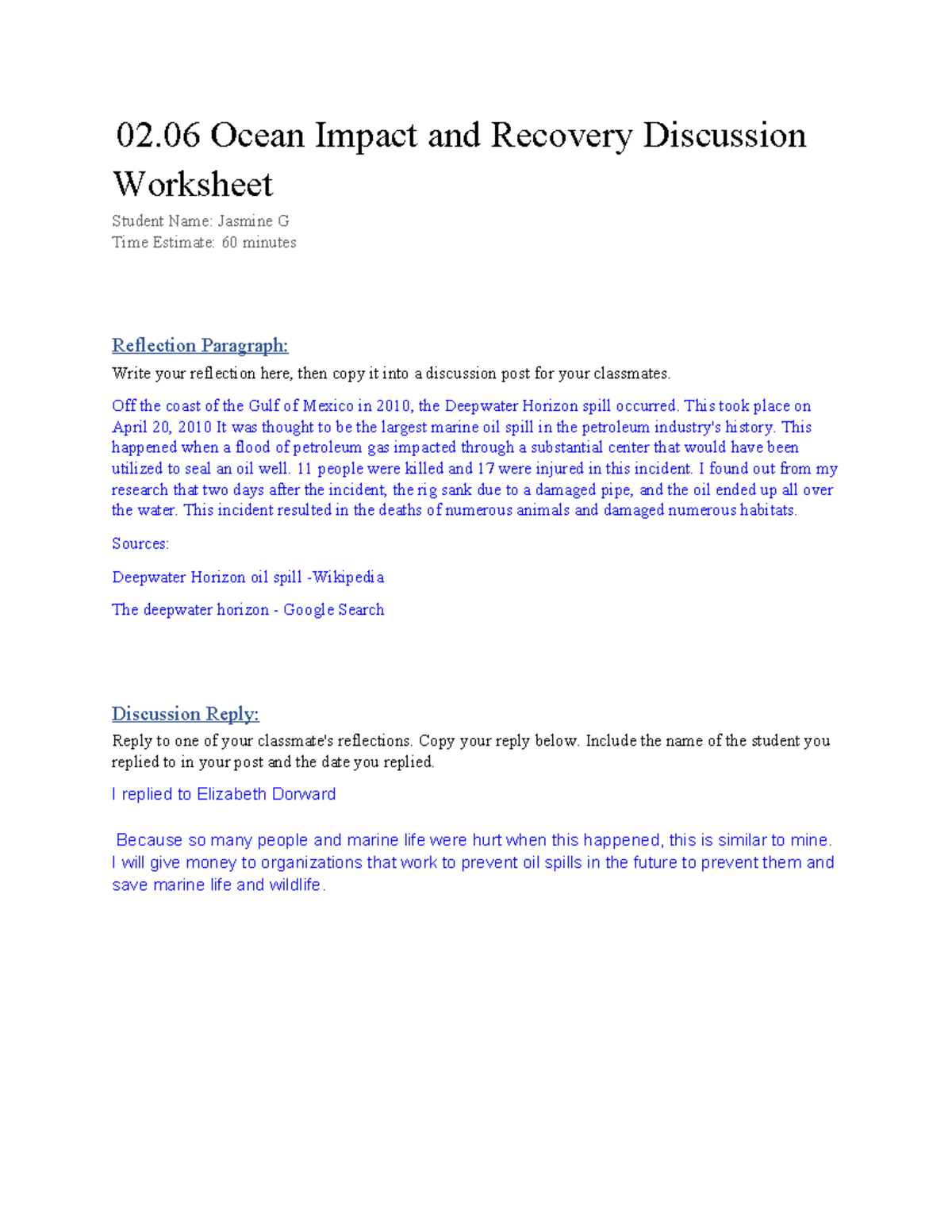 02.06 Ocean Impact and Recovery Discussion Worksheet - 02 Ocean Impact ...