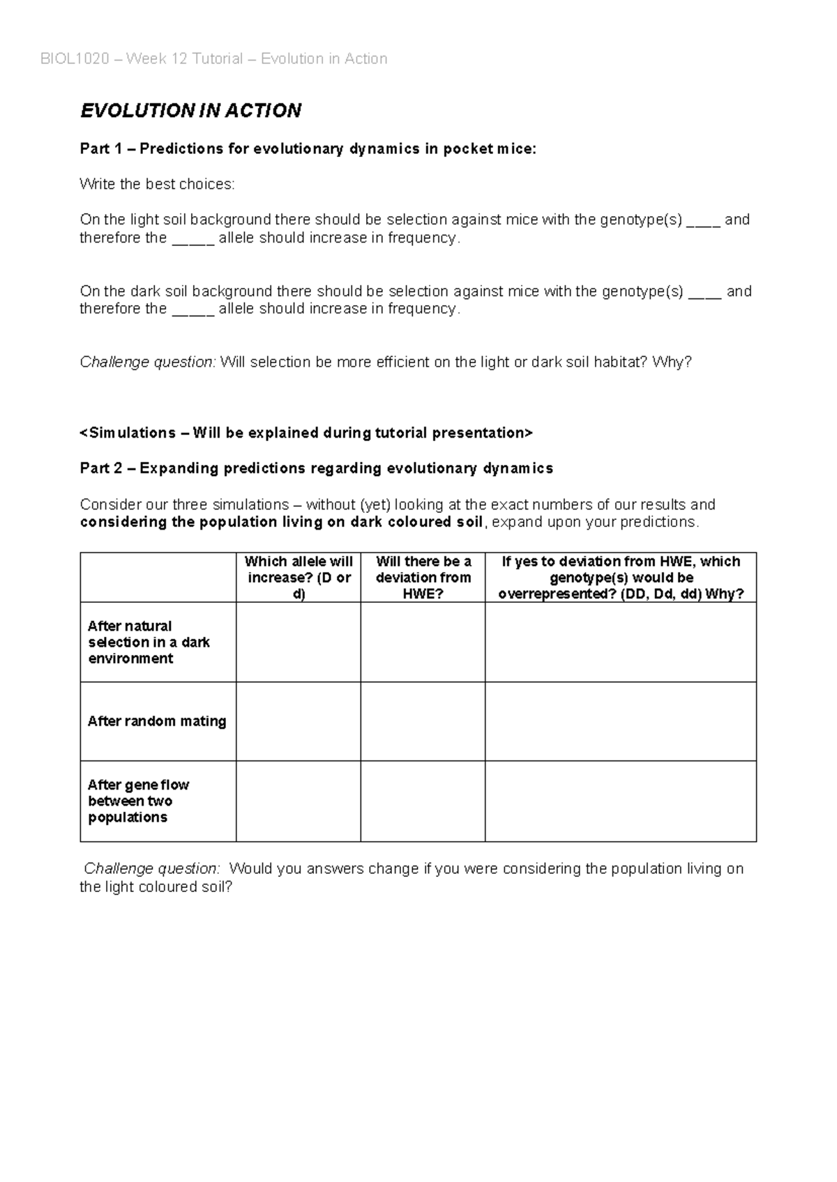 Tutorial 12 2022 - BIOL1020 – Week 12 Tutorial – Evolution in Action ...