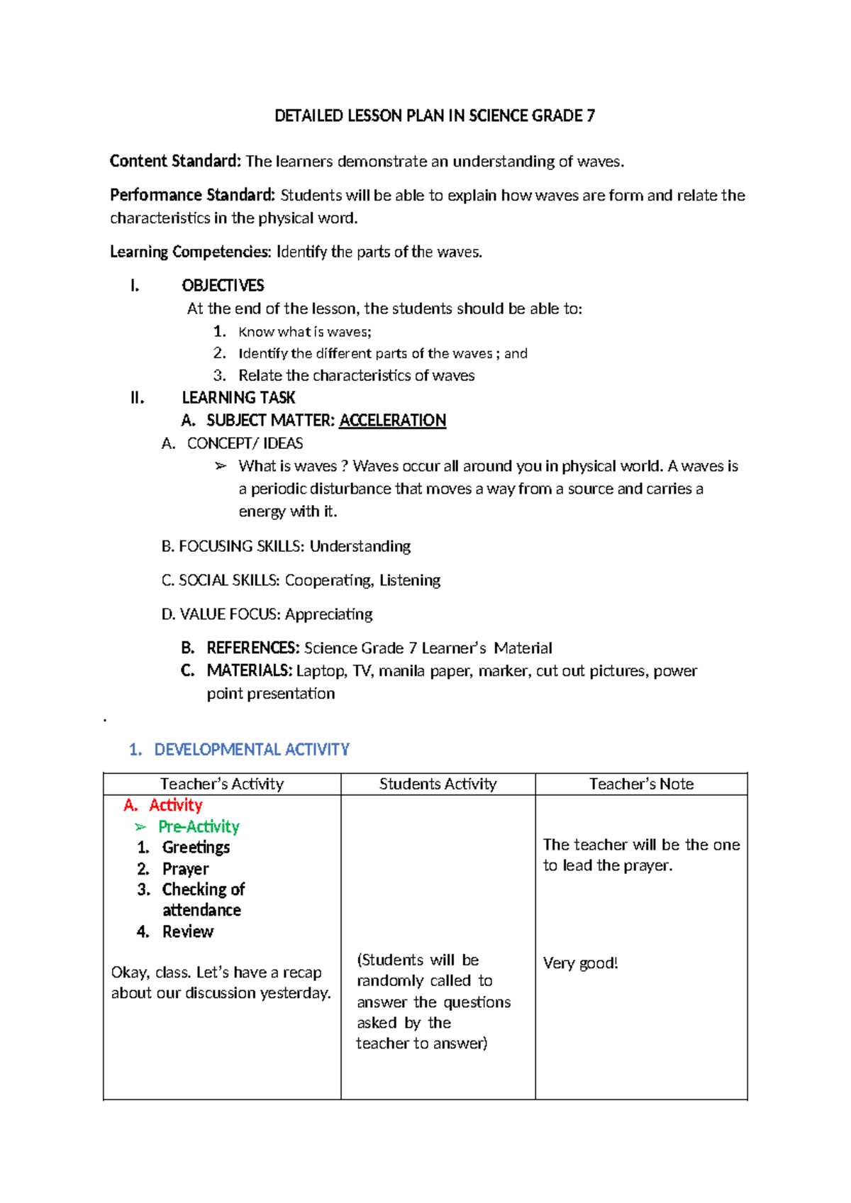 Waves - ah letss goo - DETAILED LESSON PLAN IN SCIENCE GRADE 7 Content ...