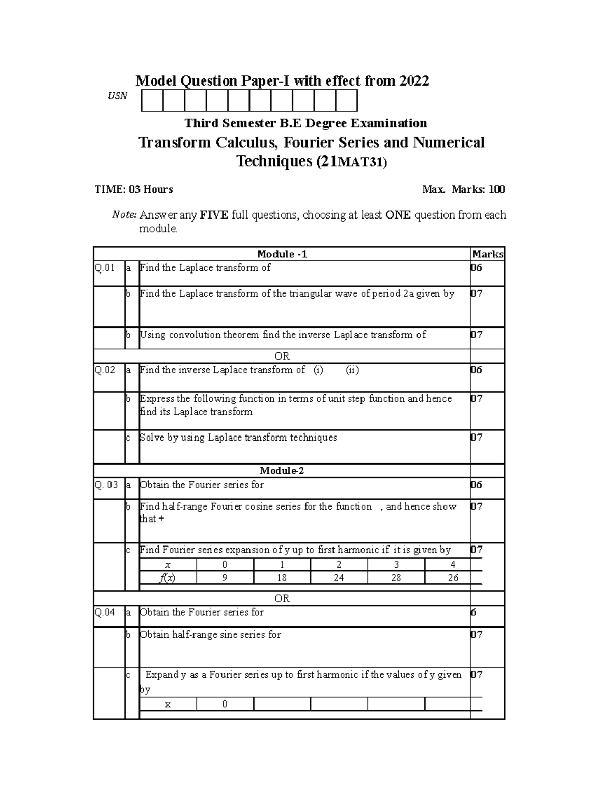 Model Question Pape 1 M3 -21-22 - Model Question Paper-I with effect ...