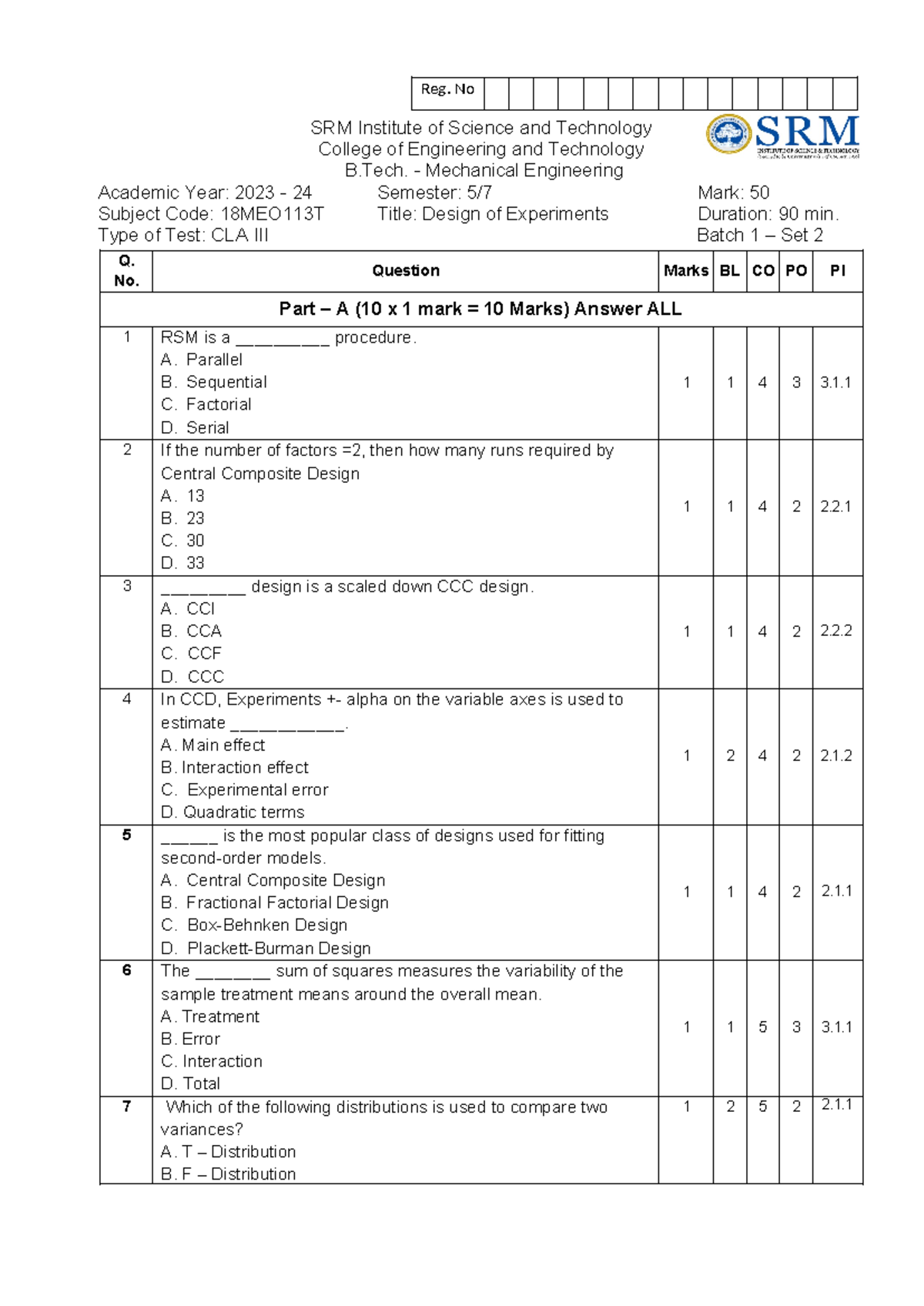 Ct3 Set 3 Doe Design Of Experiments Ct3 Question Papers Open Elective Srm Institute Of