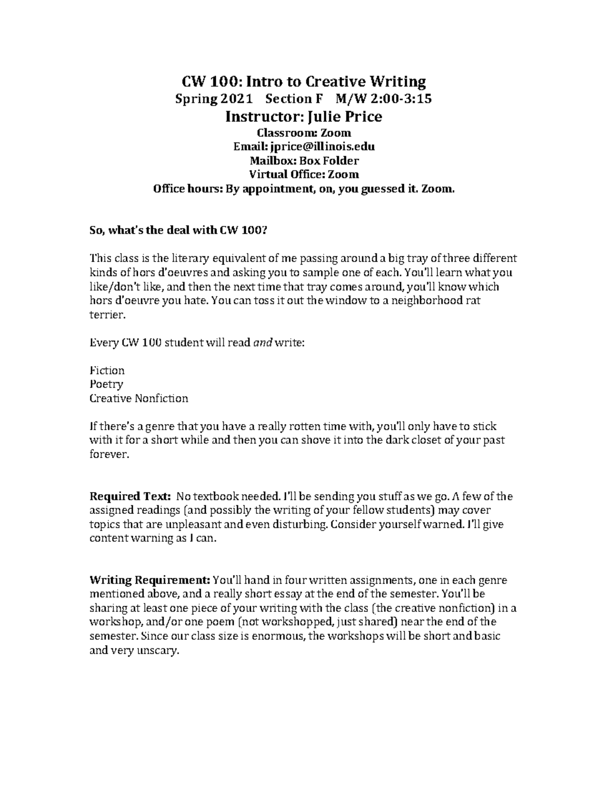 CW 100 Syllabus Spring 2021 - CW 100: Intro to Creative Writing Spring ...