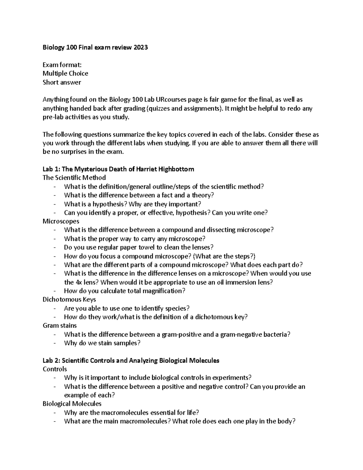 Bio100 rlab review 2023 - Biology 100 Final exam review 2023 Exam ...