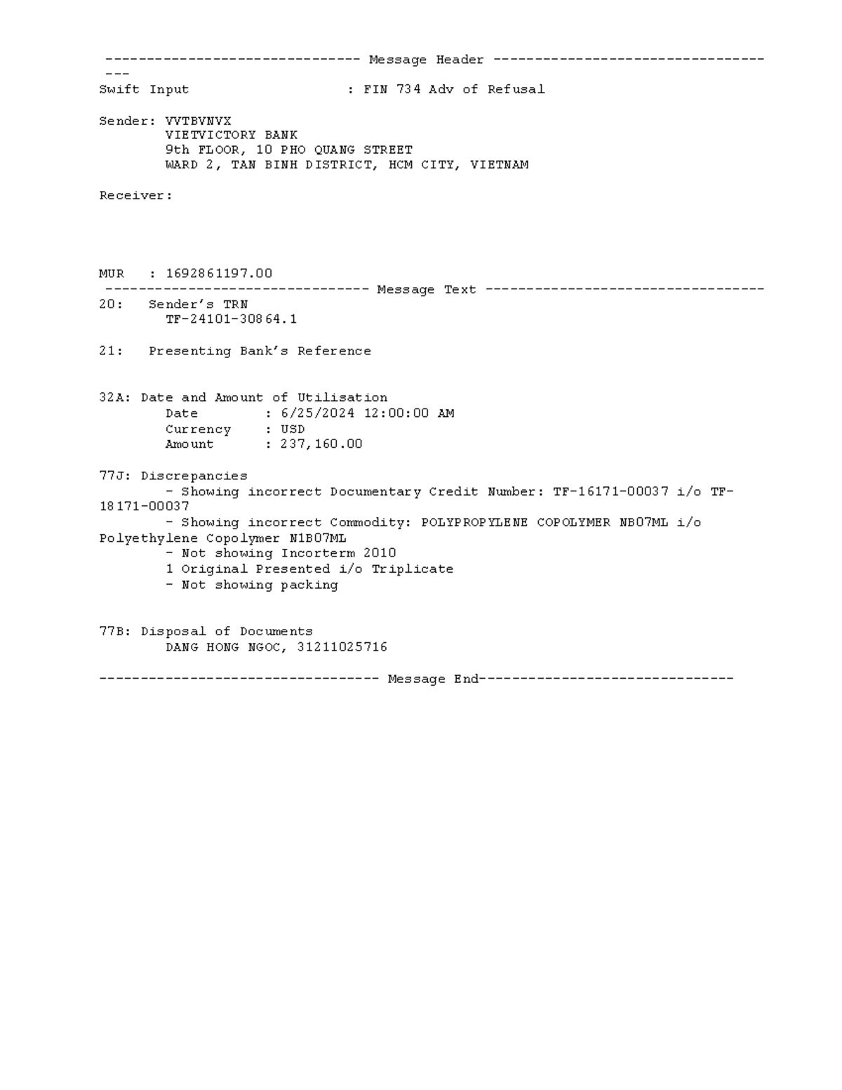 Document MT 734 20240410095201 - Message Header - Swift Input : FIN 734 ...