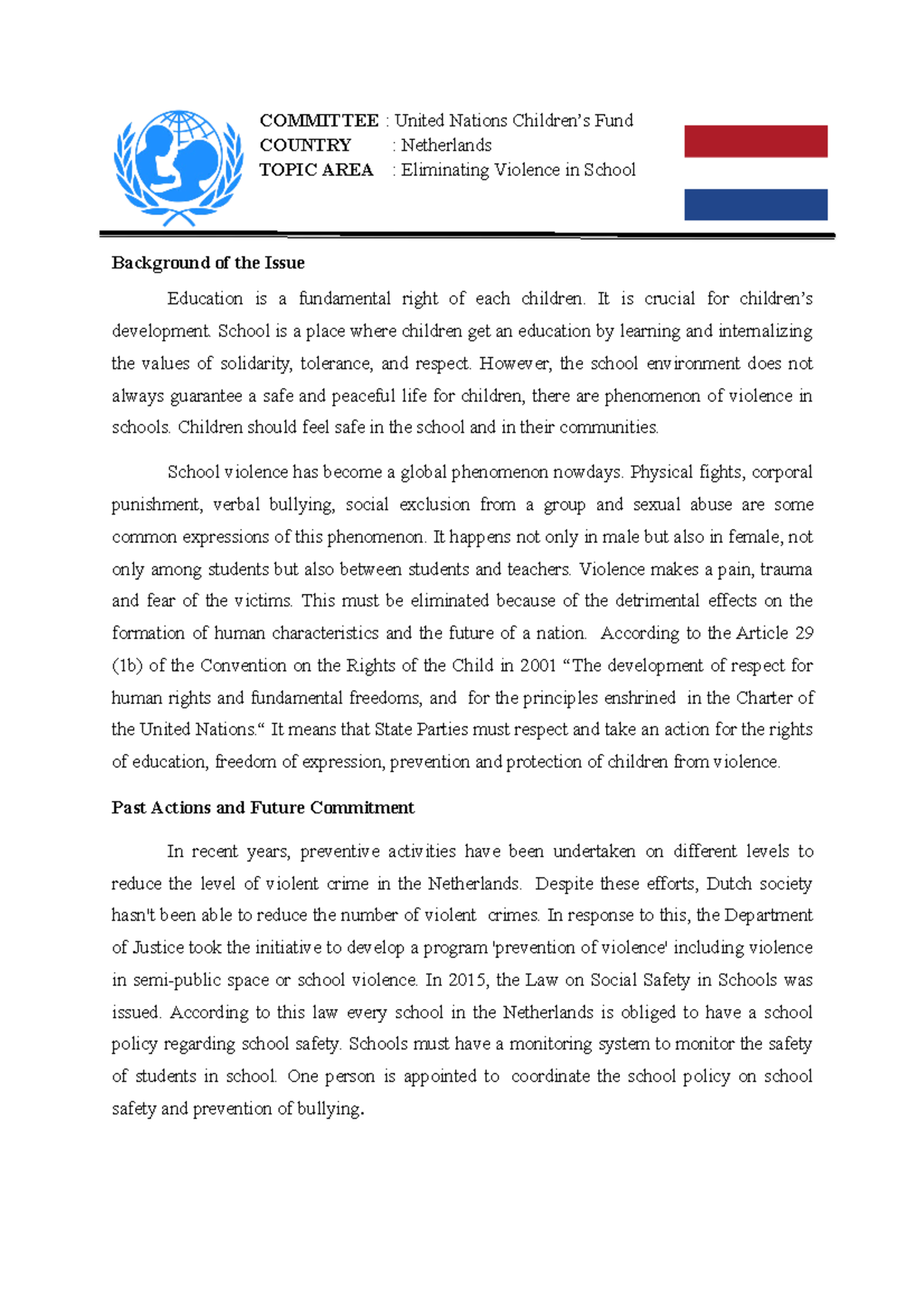 Position Paper - Netherlands, Unicef, Eliminating Violence in School ...