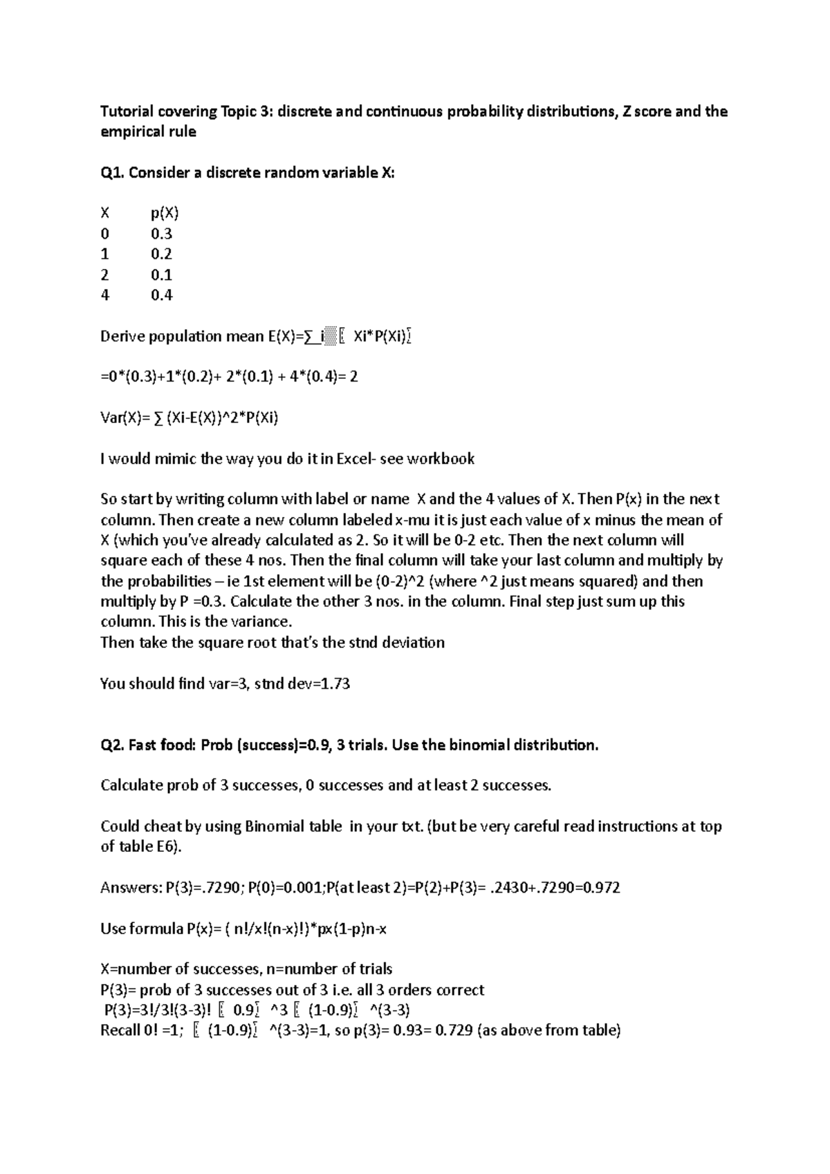 Week 4 Solutions - Tutorial covering Topic 3: discrete and continuous probability distributions ...