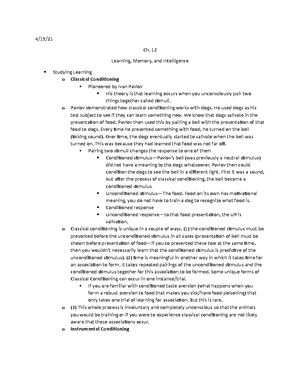 Psych Chapter 12- Learning, Memory, and Intellegence - Chapter 12: Learning, Memory, and - Studocu