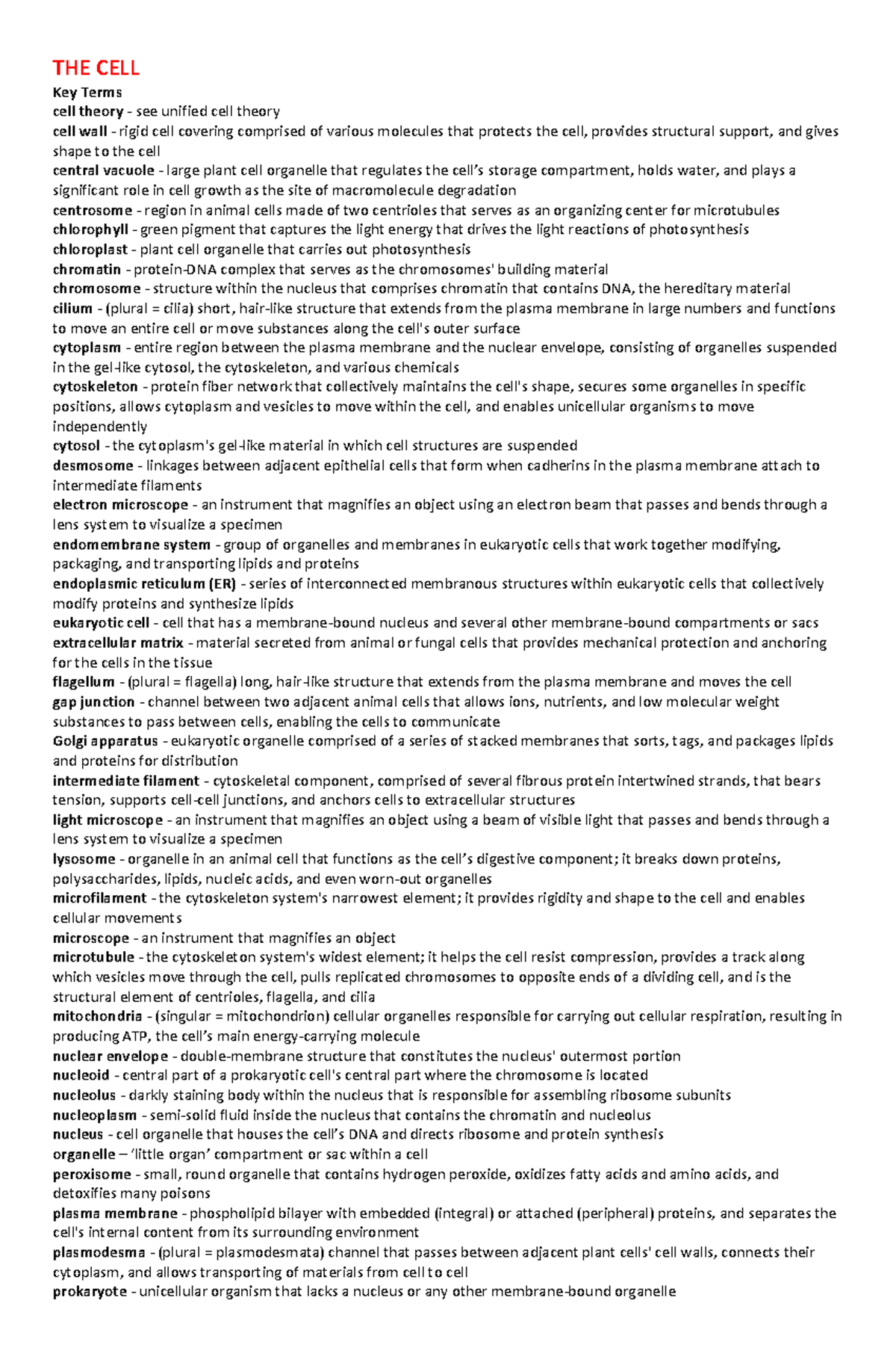 Reviewer GEN BIO - THE CELL Key Terms cell theory - see unified cell ...