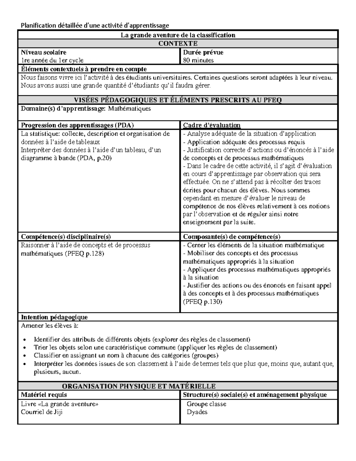 Planification détaillée Classification - Planification détaillée d’une ...