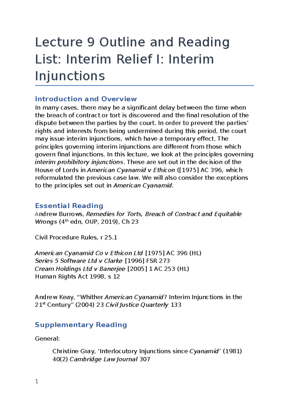 Lecture 9 Outline & Reading List - Lecture 9 Outline and Reading List ...