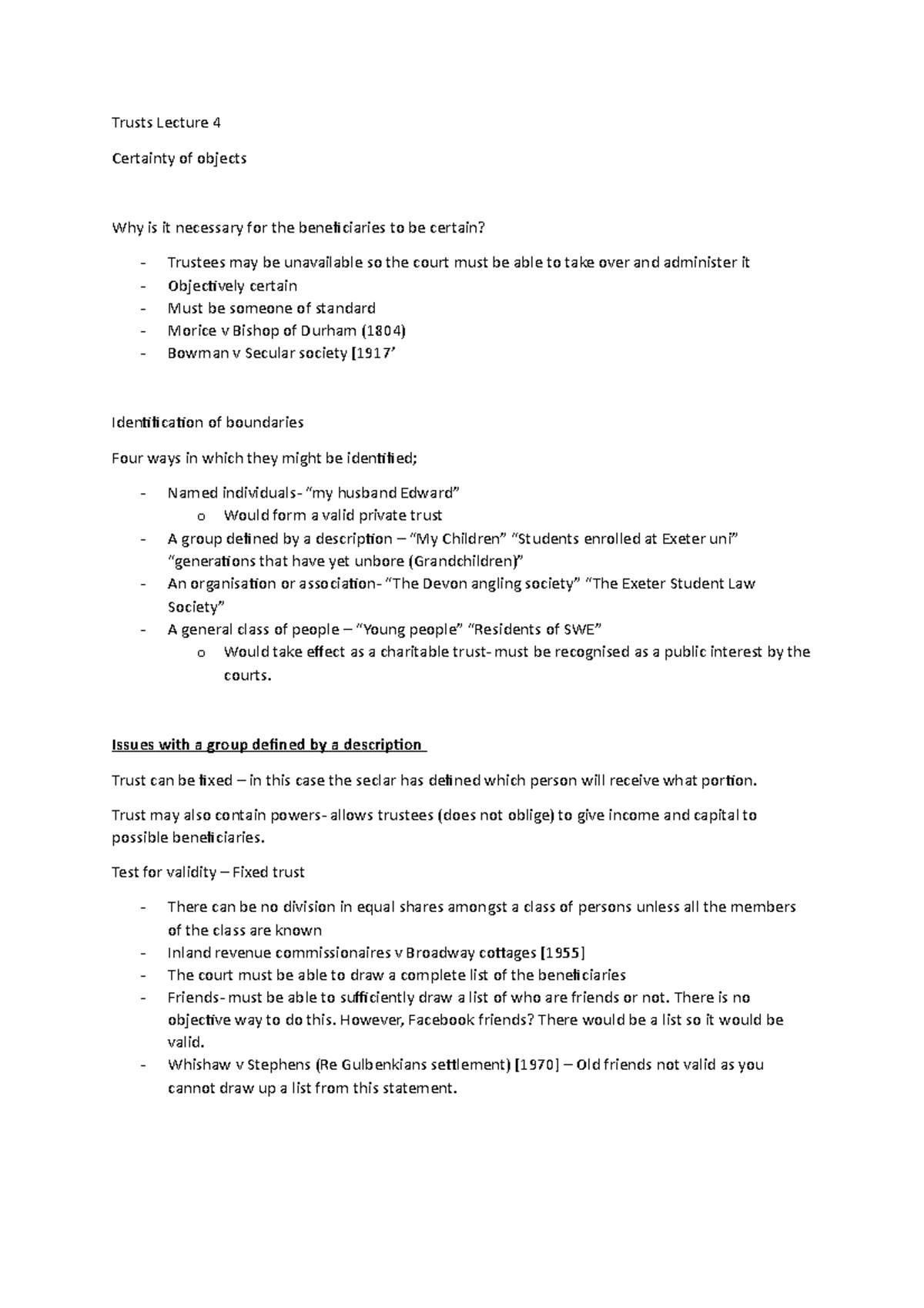 Trusts Lecture 4 - fdsfdsf - Trusts Lecture 4 Certainty of objects Why is it necessary for the ...