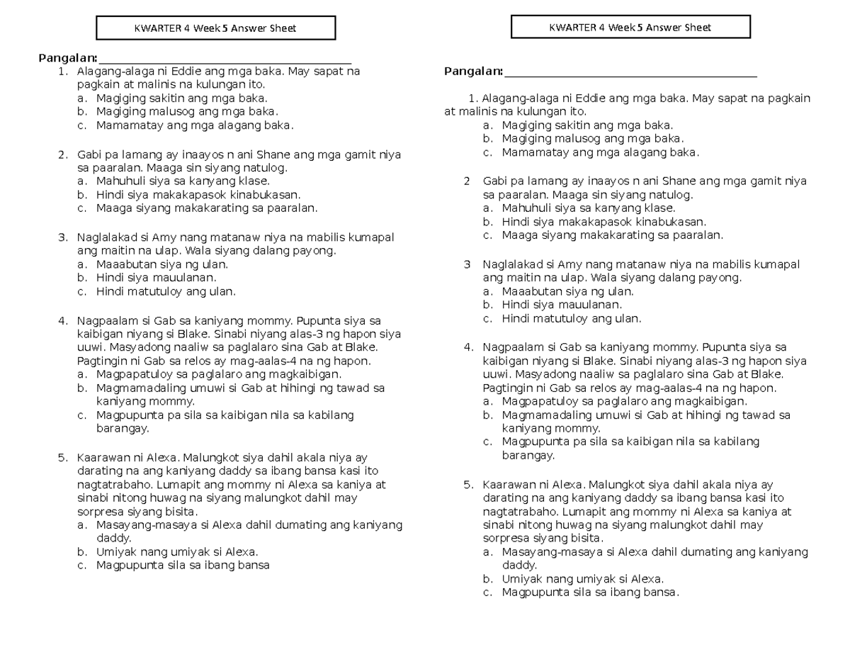 Kwartr 4 Week 5 Activity sheet - Pangalan: _______________________________________________ 1 ...