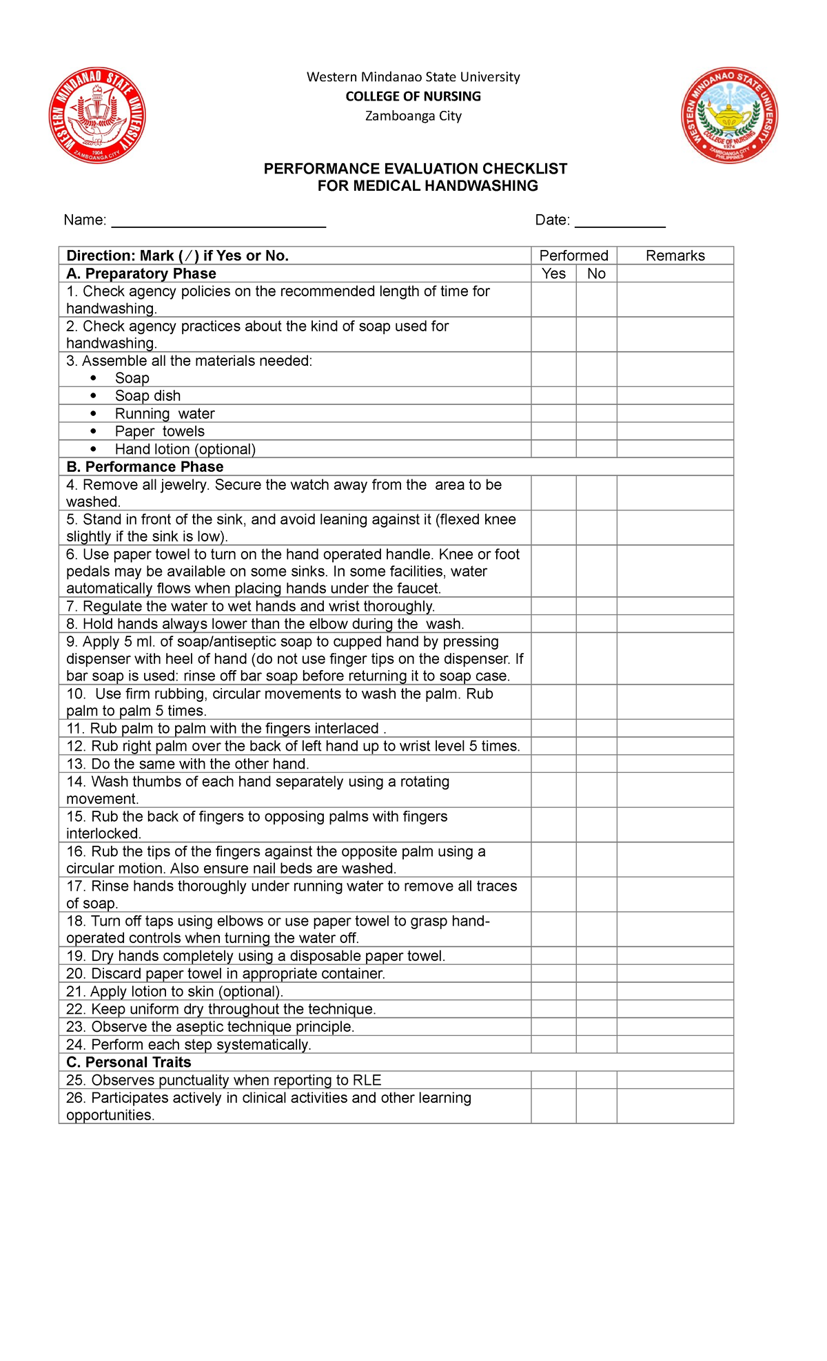 NCM 103B Performance Checklists WITHrating - Western Mindanao State ...