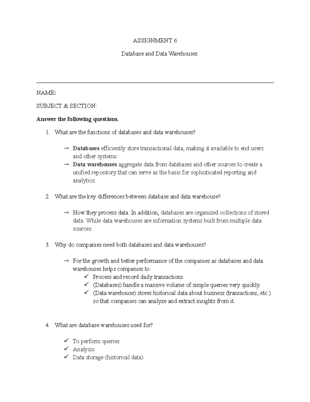 GEC 133-Ww-M6 - Assignment 6 for module 6 - ASSIGNMENT 6 Database and Data Warehouses - Studocu