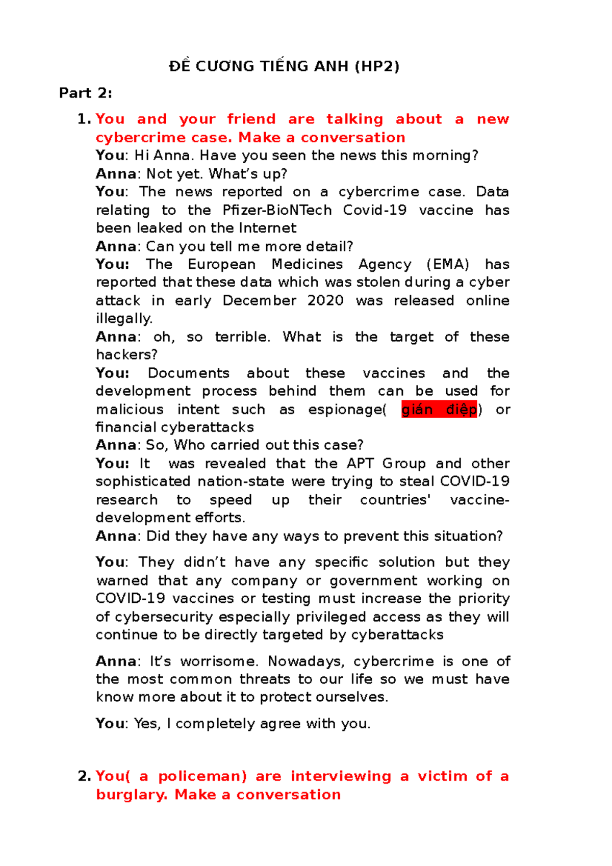 ĐỀ CƯƠNG TIẾNG ANH - Nice - ĐỀ CƯƠNG TIẾNG ANH (HP2) Part 2: You and your friend are talking ...