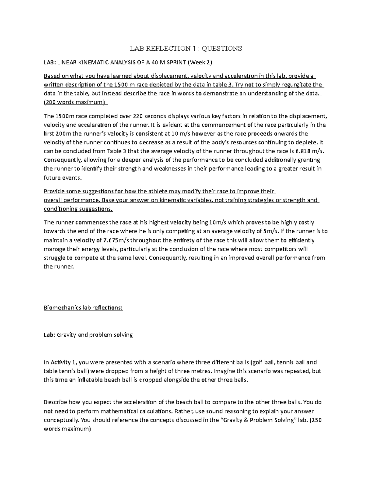 Biomechanics Lab Reflection 1 - LAB REFLECTION 1 : QUESTIONS LAB ...