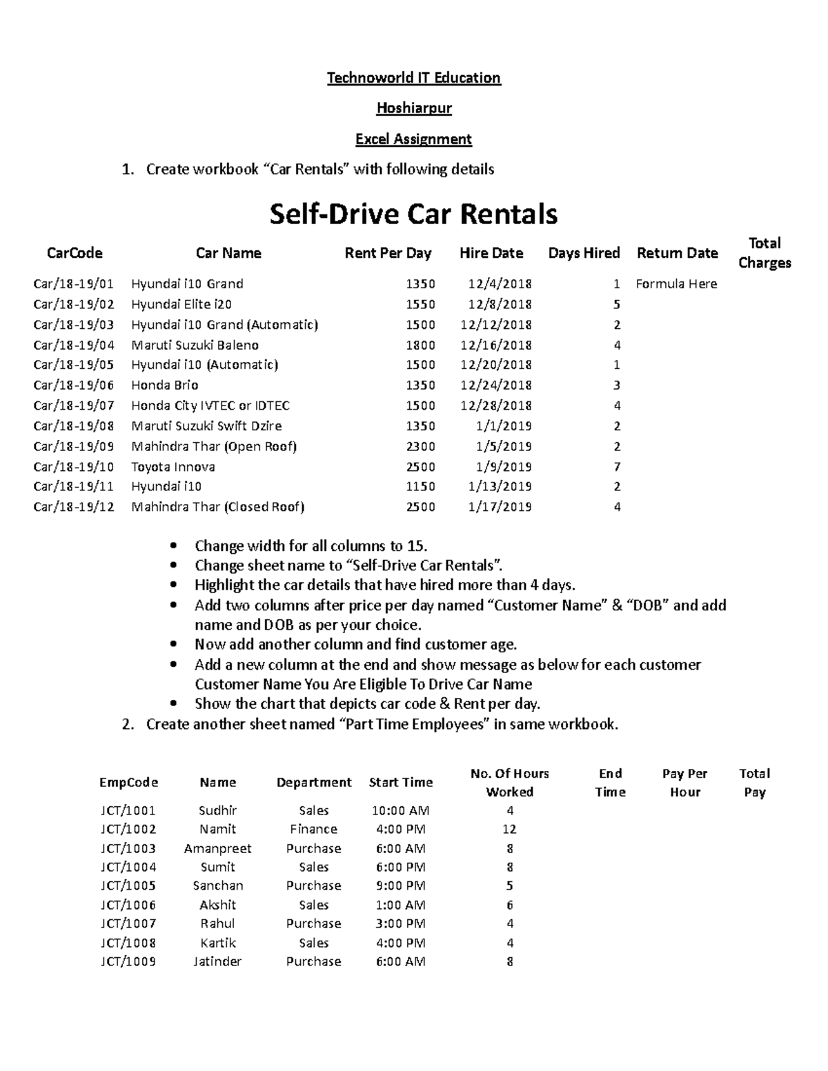 Carrentals - Excel - Technoworld IT Education Hoshiarpur Excel ...