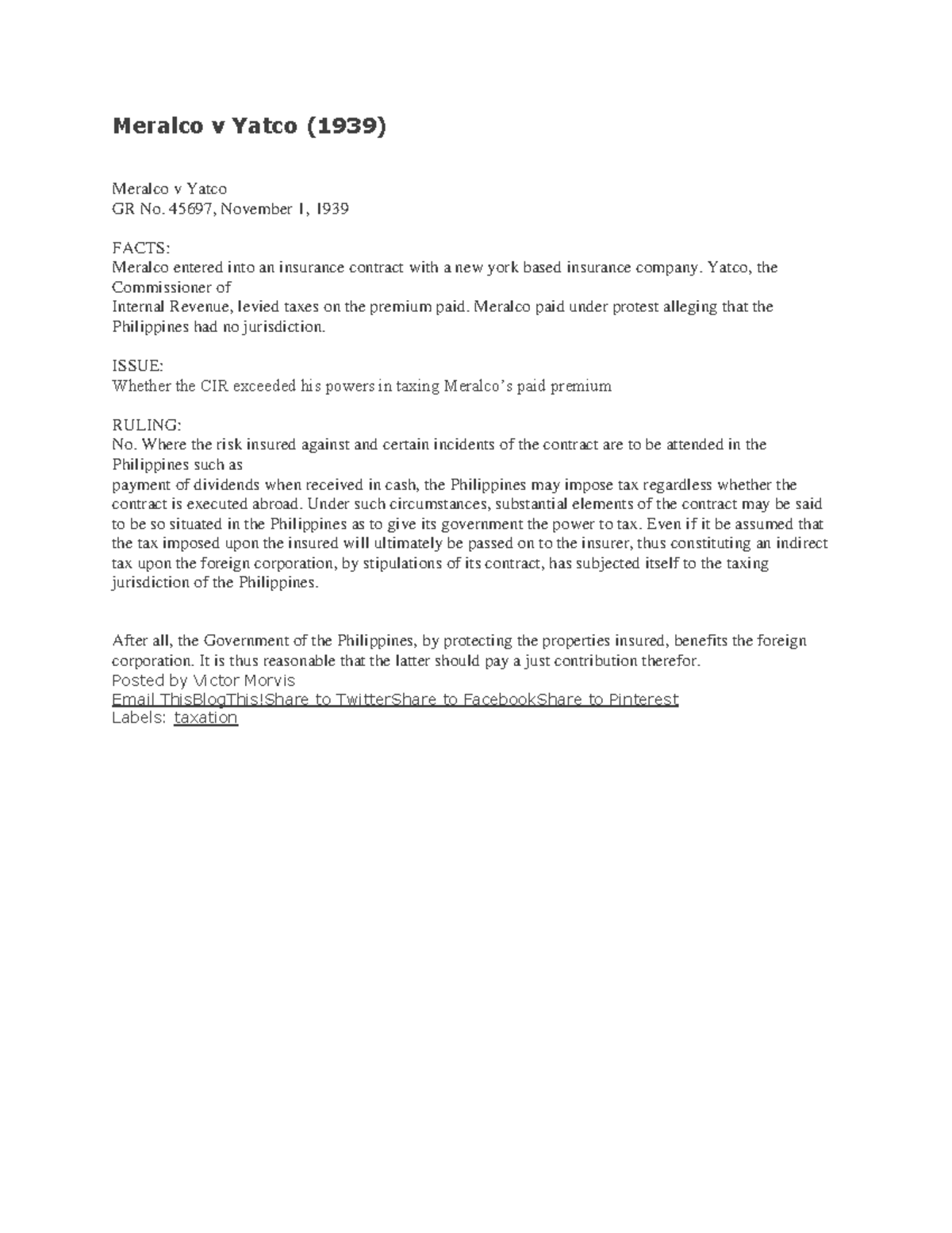 Meralco v Yatco - Case digest - Meralco v Yatco (1939) Meralco v Yatco GR No. 45697, November 1 ...