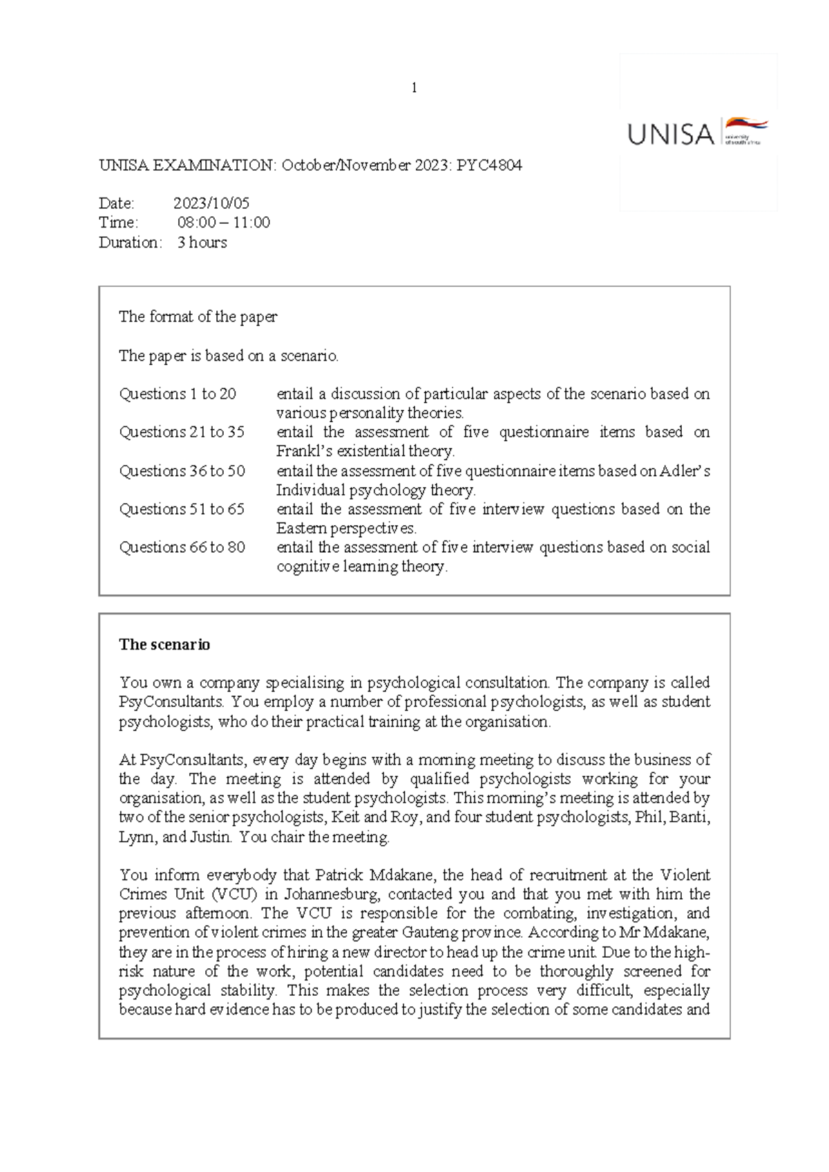 PYC4804 Exam Scenario - UNISA EXAMINATION: October/November 2023: PYC ...