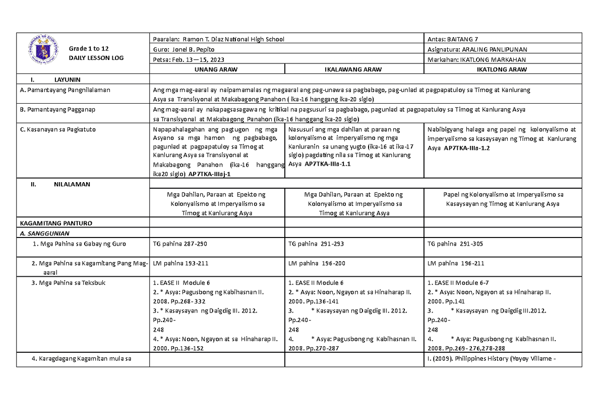 DLL - Aral Panlipunan 7 Q3 - Grade 1 to 12 DAILY LESSON LOG Paaralan ...
