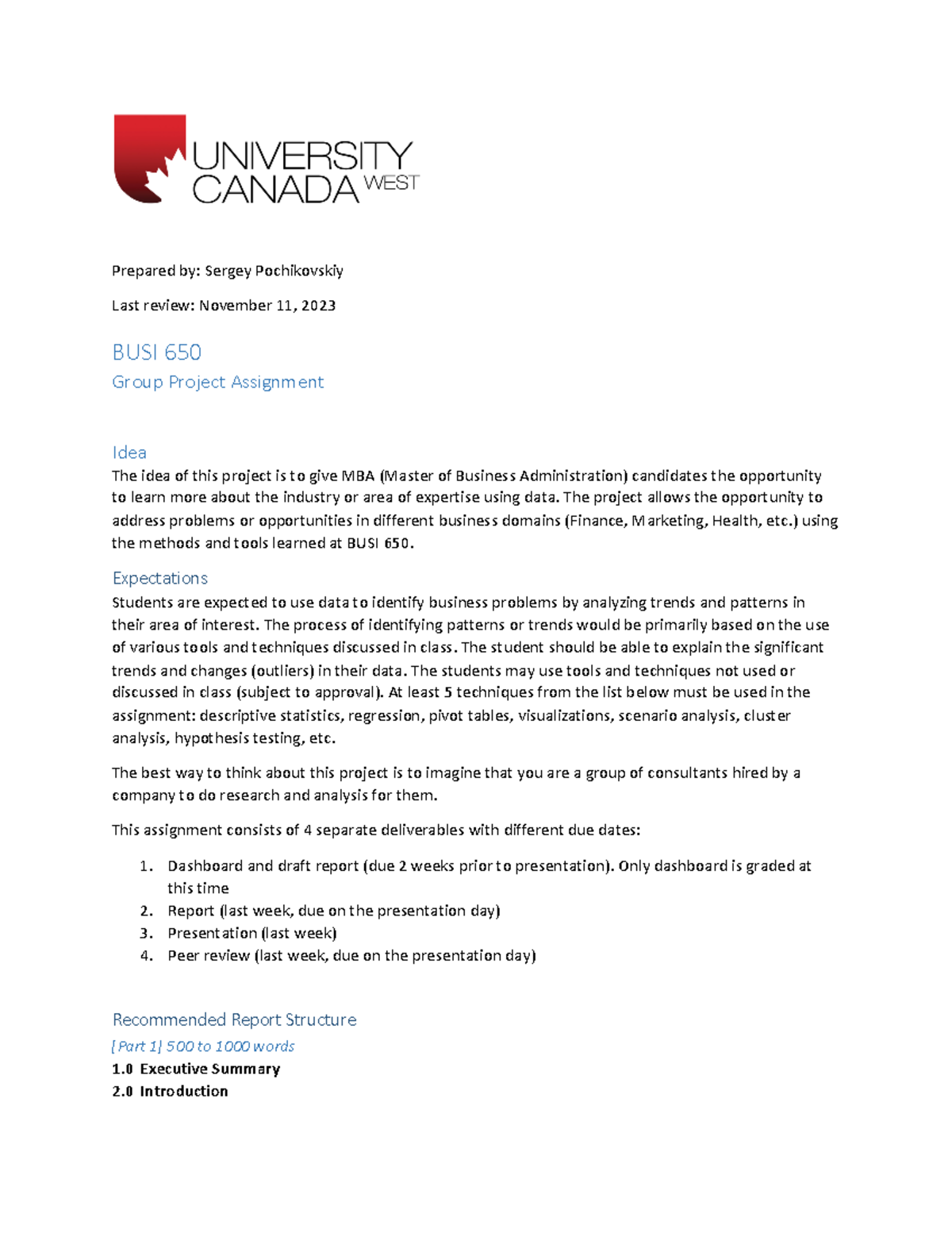 BUSI650- Group Project - Prepared by: Sergey Pochikovskiy Last review ...