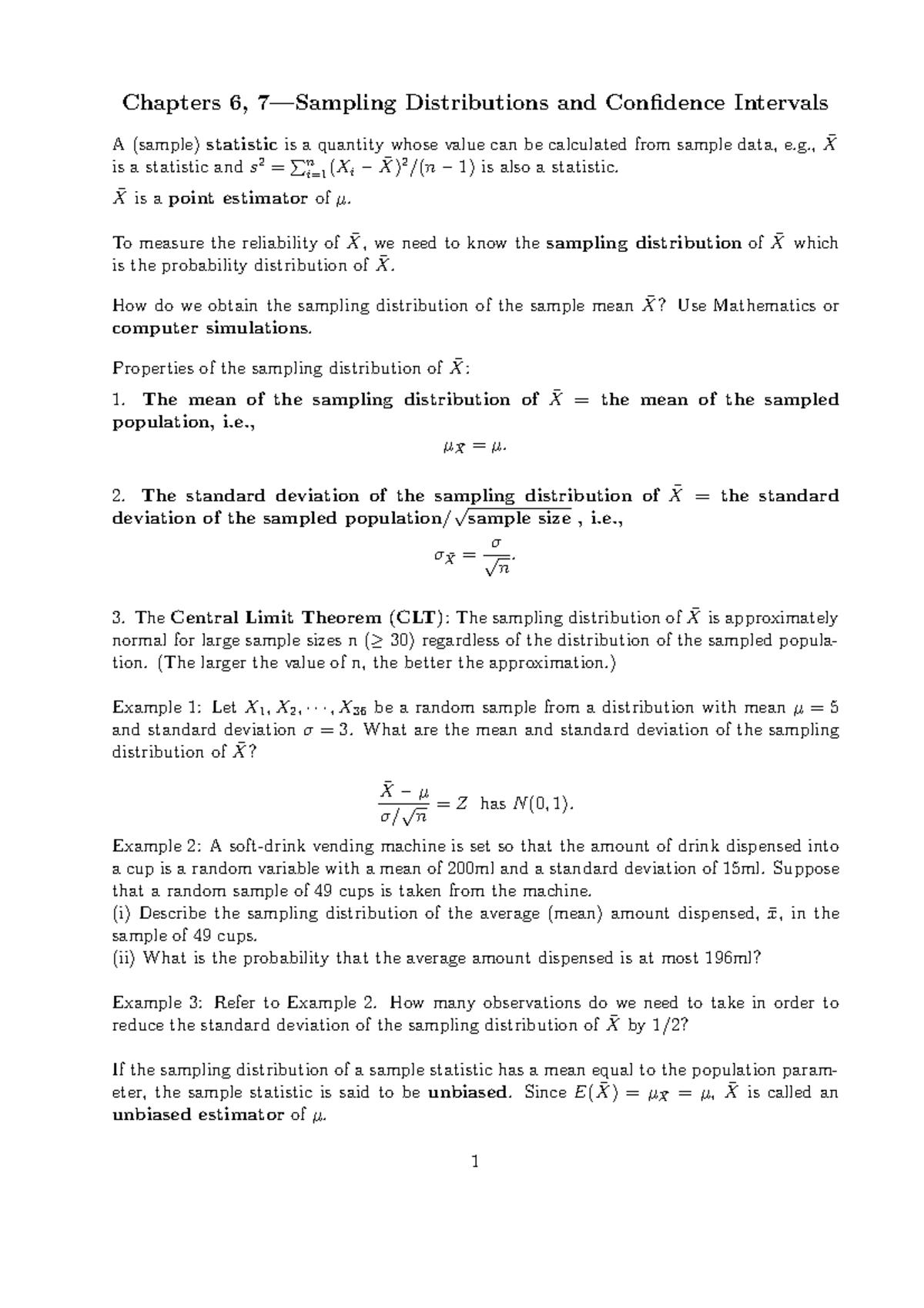106chapters 6and7 - ch 6,7 - Chapters 6, 7—Sampling Distributions and Confidence Intervals A ...