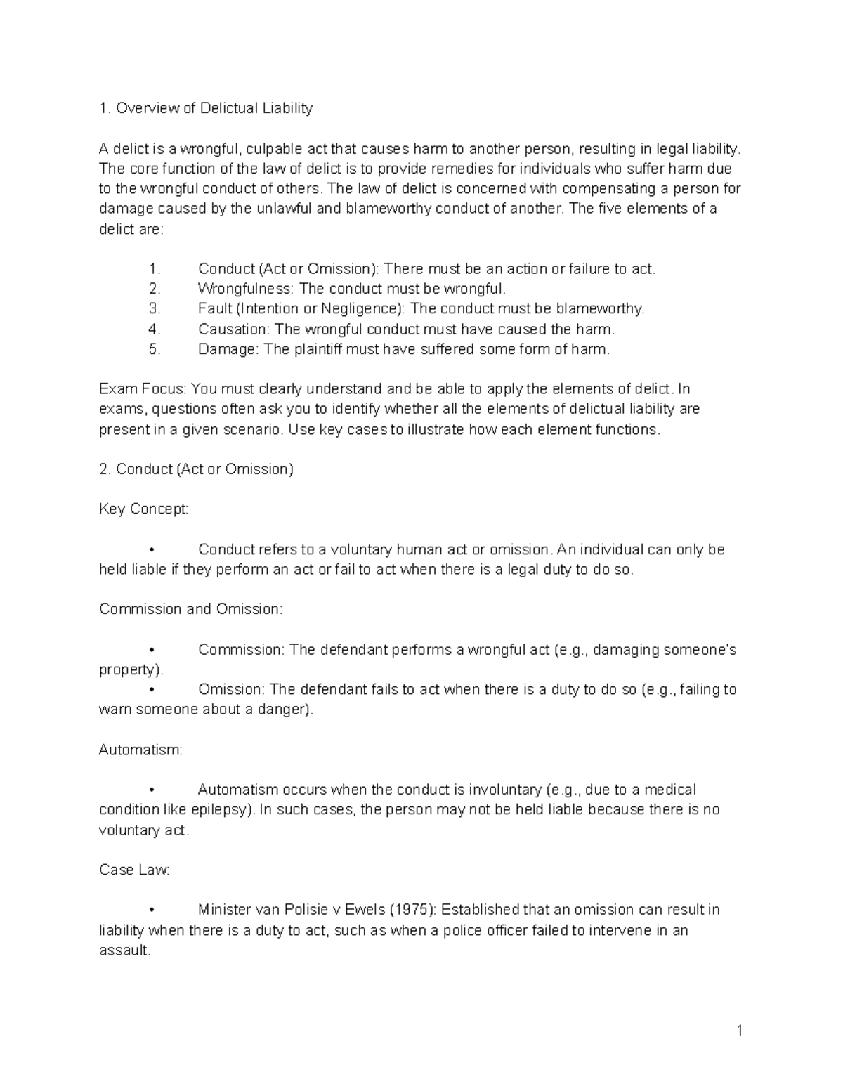 Law of delict study - Notes I Made - Overview of Delictual Liability A ...