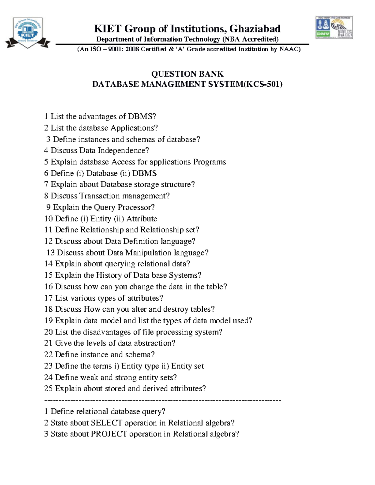 QB DBMS - Department of Information Technology (NBA Accredited) (An ISO ...