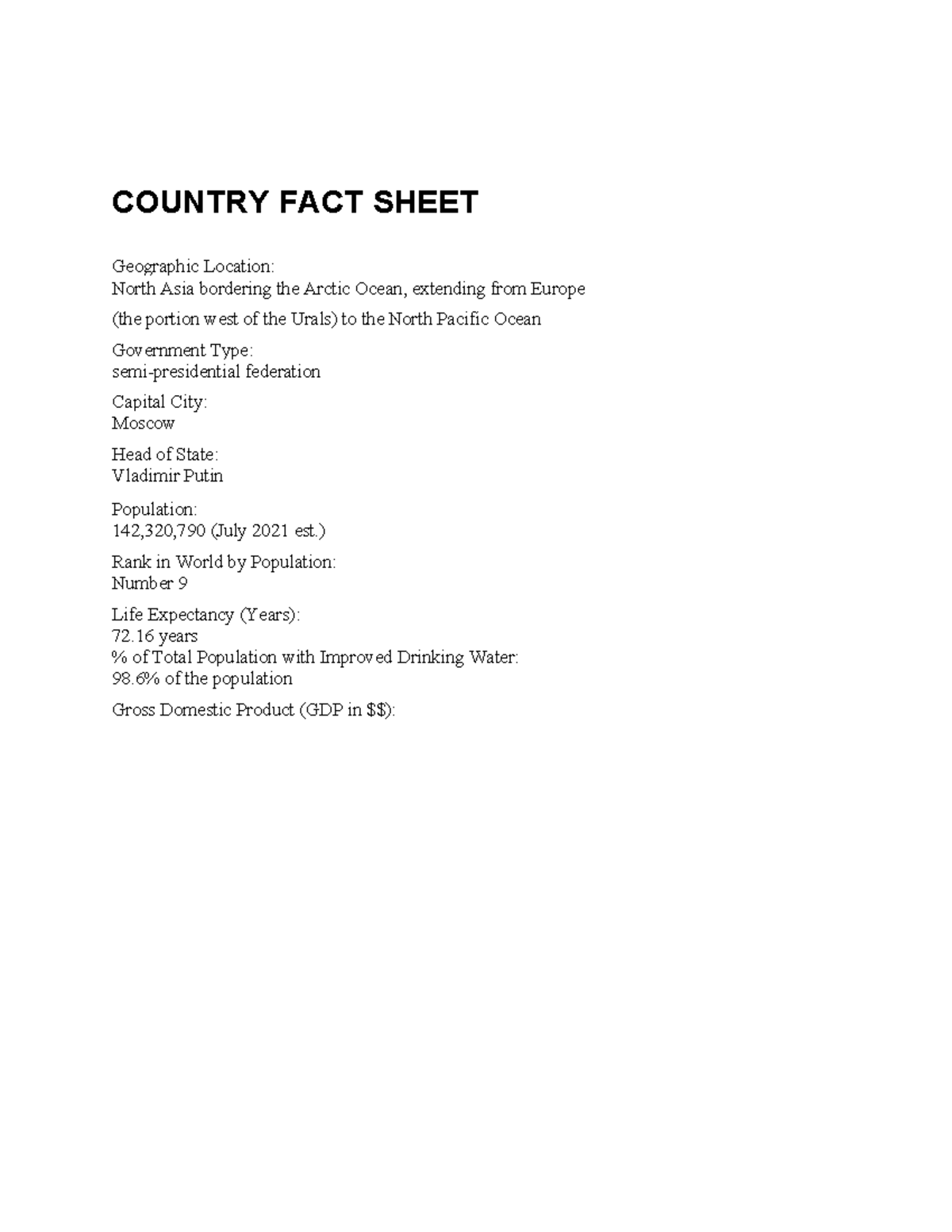 Team russia : Econ Summit Country Fact sheet - COUNTRY FACT SHEET ...